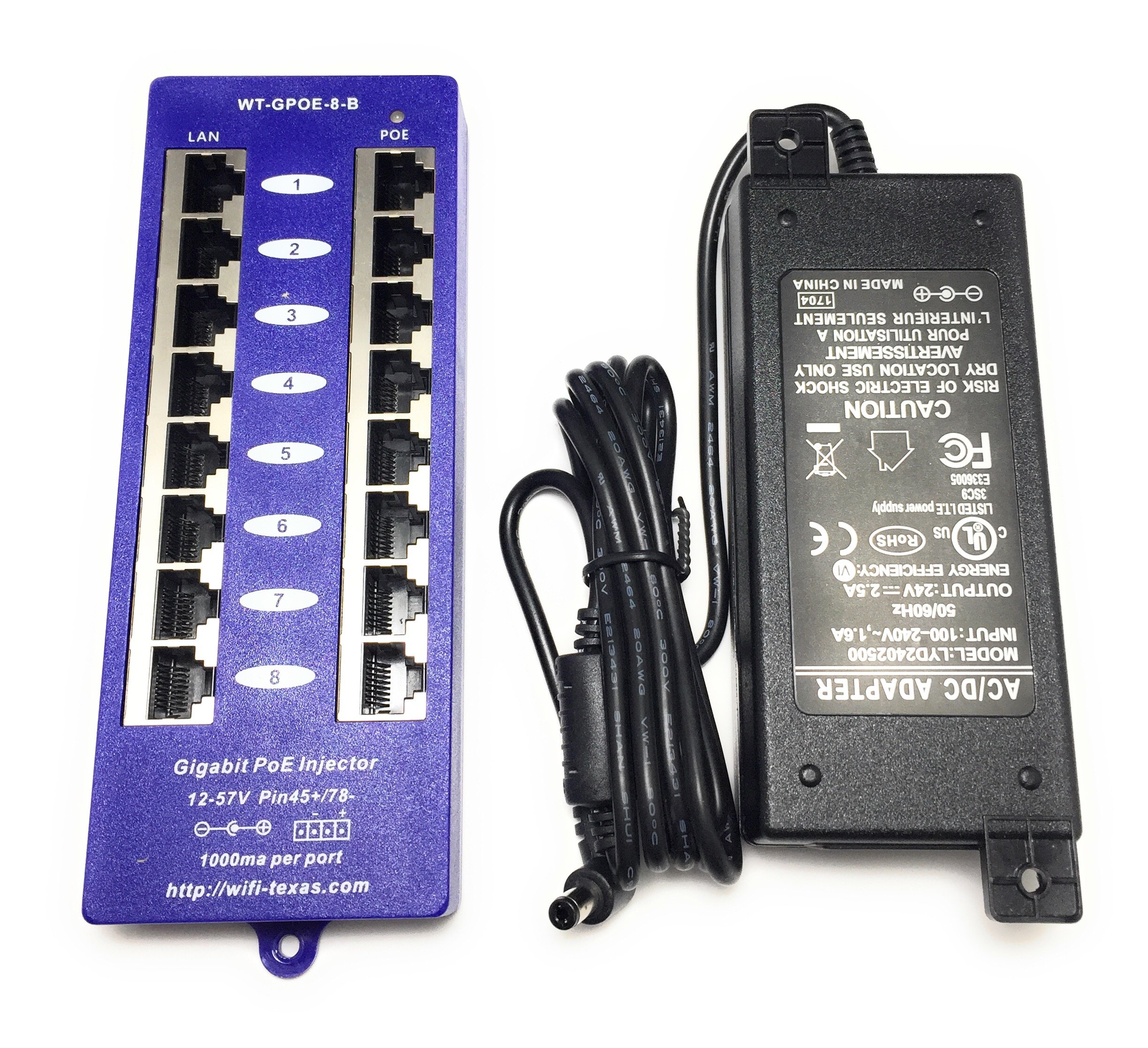 WiFi-Texas GPOE-8B-24v60w | 8-Port Gigabit PoE Injector for 24 Volt Passive Devices Like Ubiquiti & Mikrotik