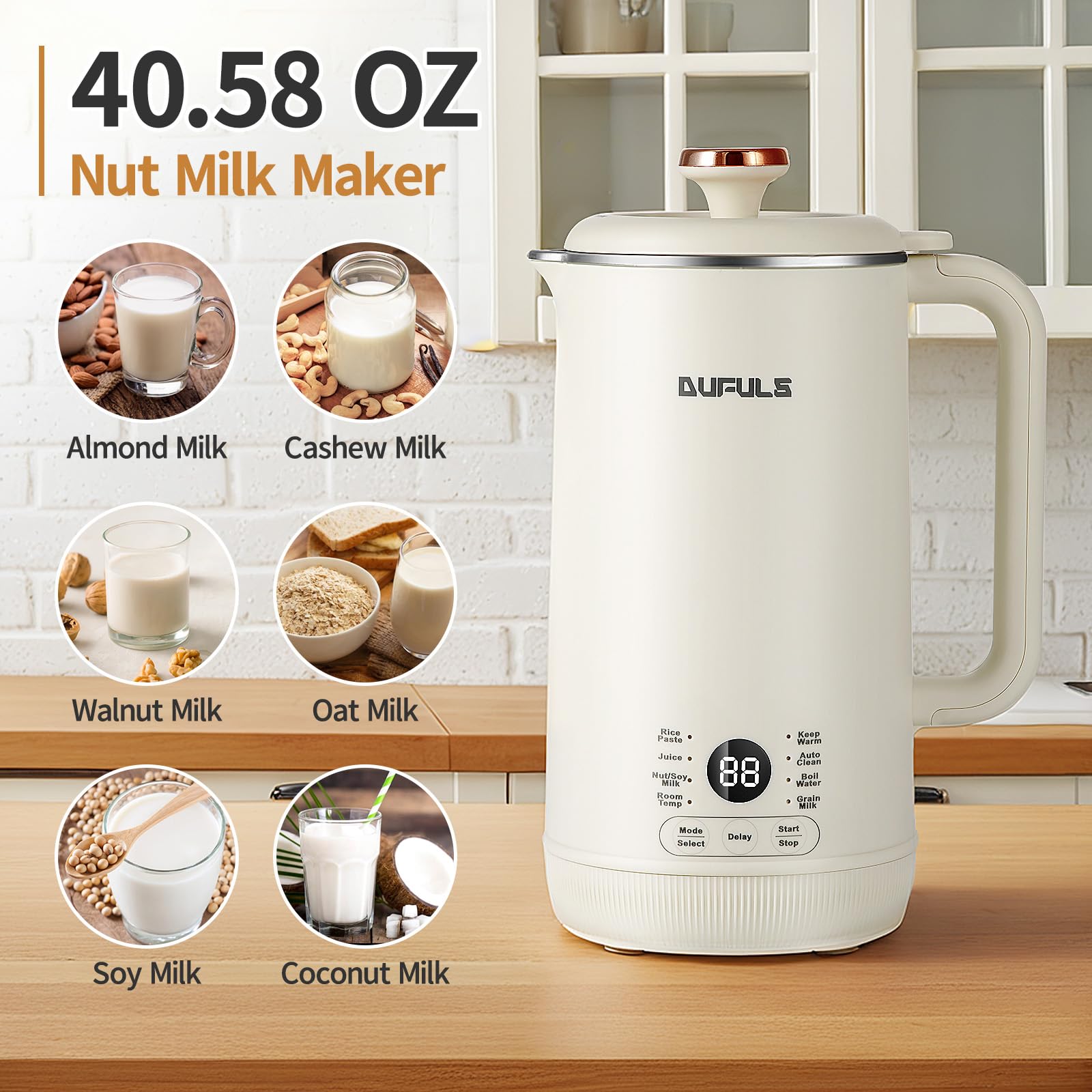 Dufuls 8 in 1 Nut Milk Maker, 40.58oz Soy Milk Maker with10 Blades, Automatic Almond Milk Machine for Homemade Plant-Based Milk, Oat, Soy, Non-Dairy Beverages with Delay Start/Keep Warm/Self-Cleaning