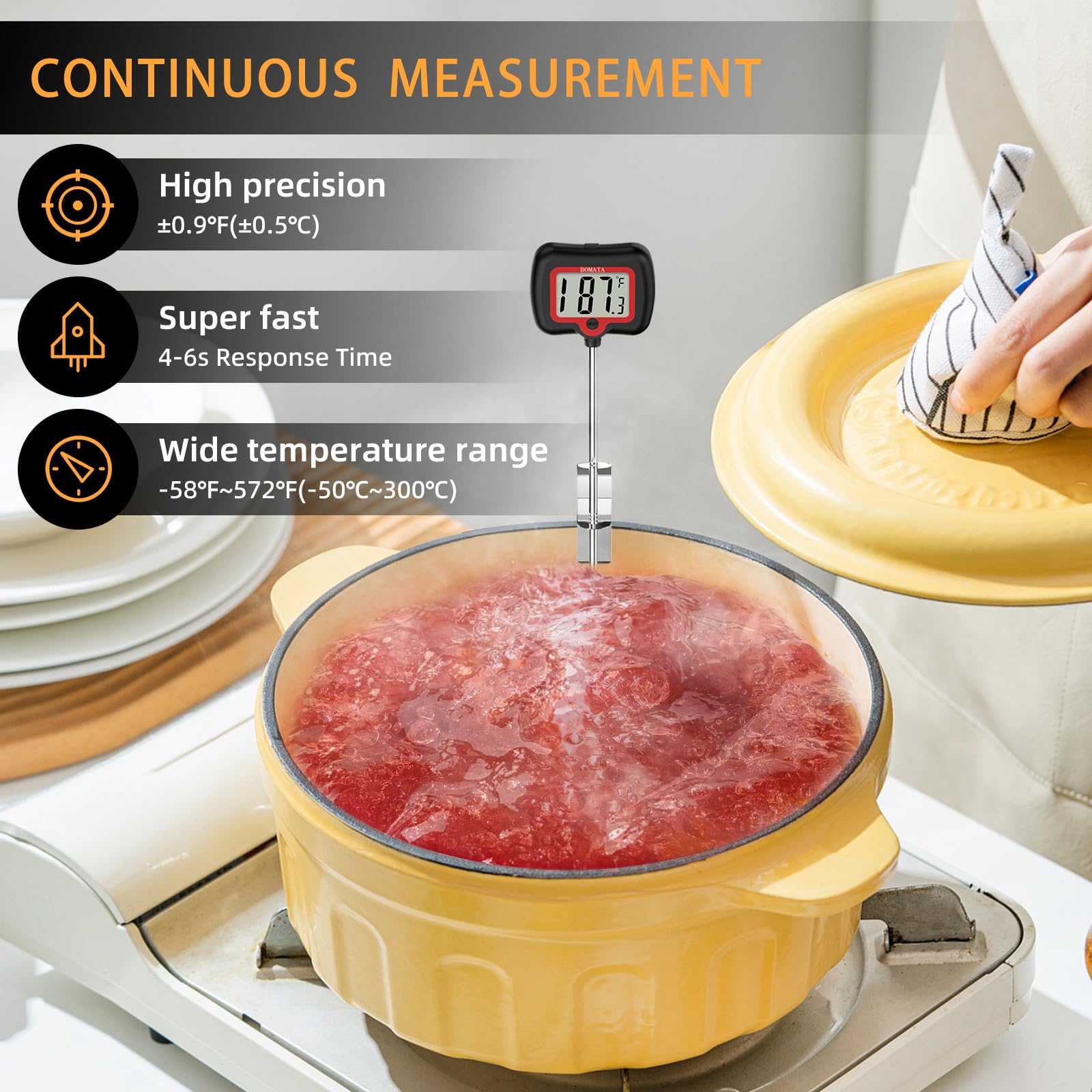 BOMATA 8" Long Probe Candy Thermometer with Pot Clip, Rotating Display, High Accuracy Instant Read Digital Thermometer for Candles, Liquids, Cooking, Grilling and More… Black