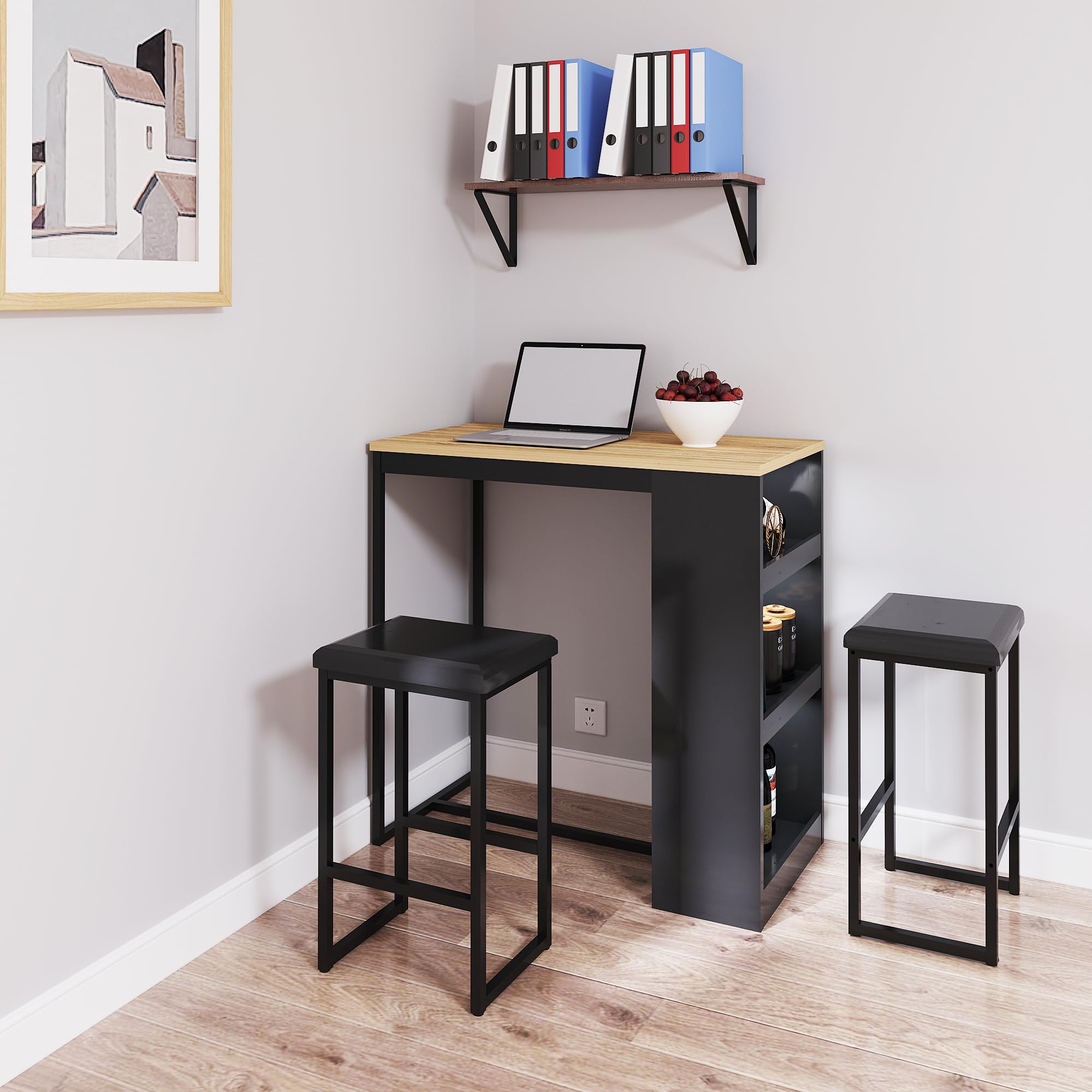 Gyger 3 Piece Dining Table with 3 Storage Shelves,Bar Table and Small Kitchen Table Set for 2,Wooden Counter Height Table Set for Kitchen,Dining Room Island Table,Black