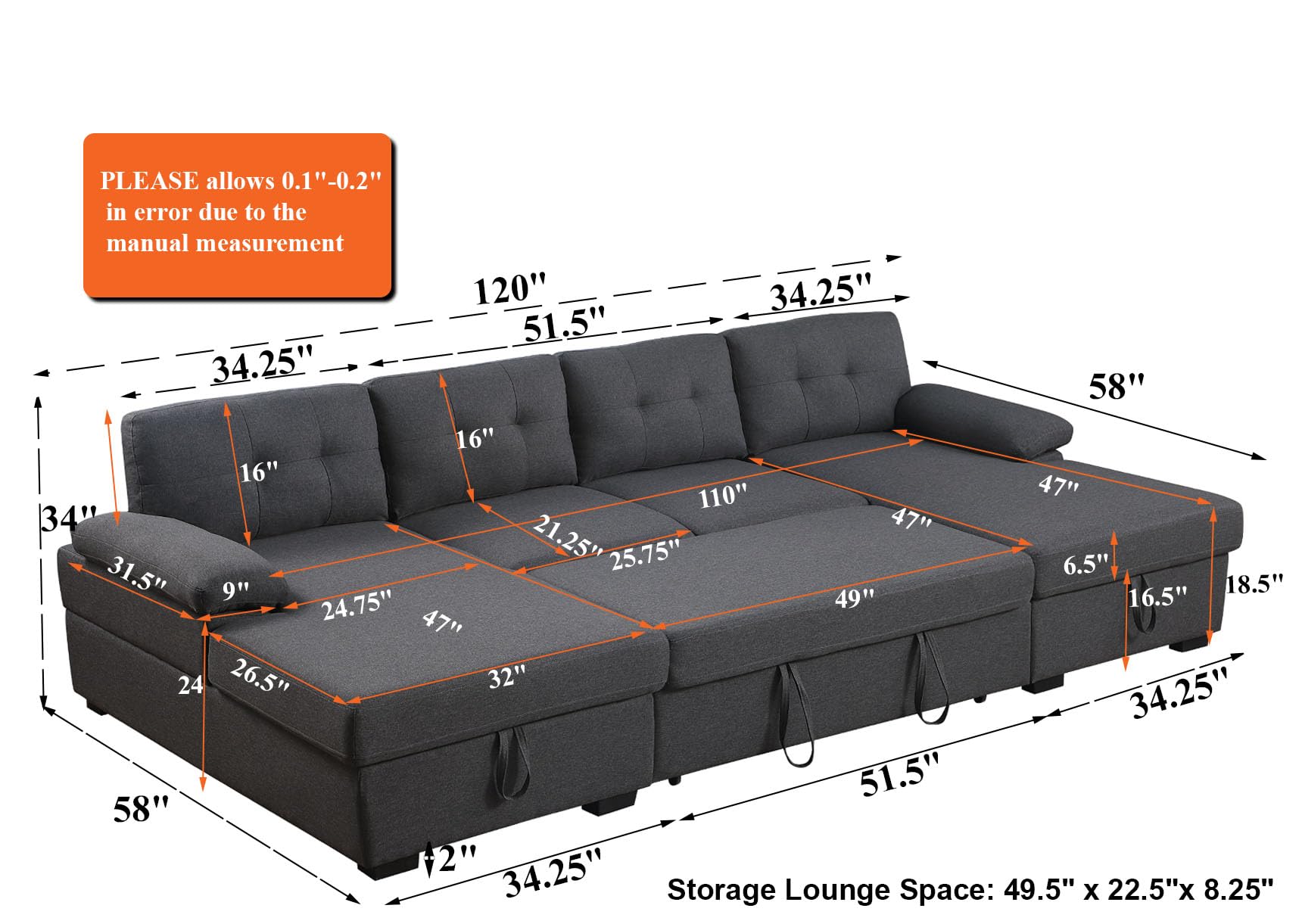 Beaugreen Modern Modular Sofa Couch, Dark Grey - Sectional Sleeper with Pull Out Bed, Double Storage Chaise, 4 Seater