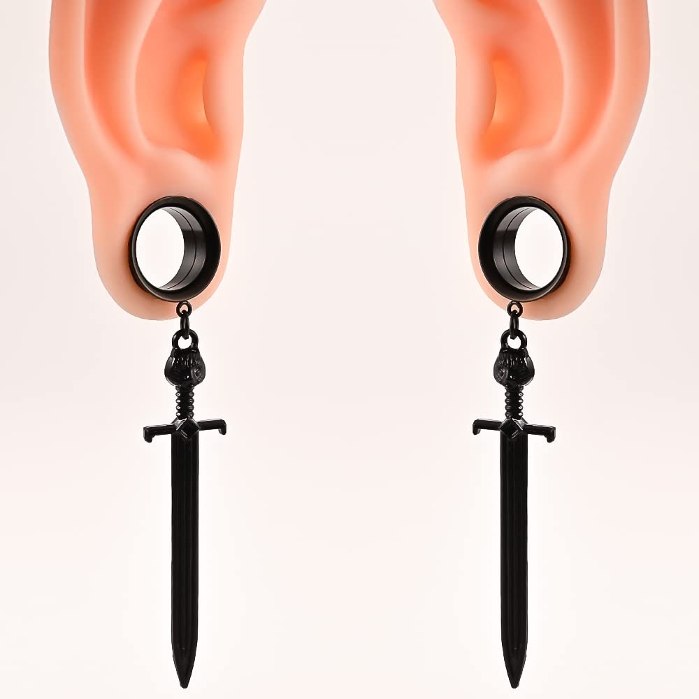 Atomhole 316 Hypoallergenic Stainless Steel Ear Gauges Cool Sword-Pendant Dangle Ear Plugs Tunnels Gauges Ear Stretching A Pair Selling 2g 0g Piercing Body Jewelry (25mm(1"), Black)