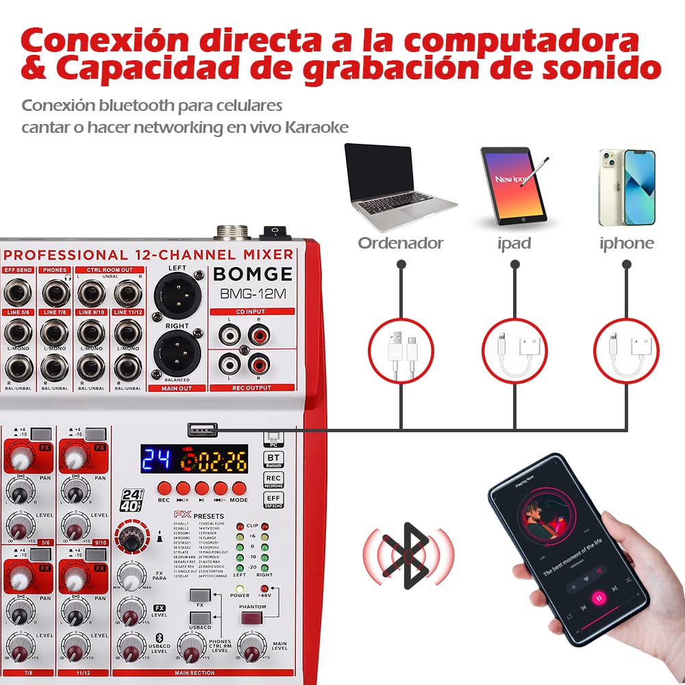 BOMGE 10-Input sound board Mixer with Mic Preamps and Compressors, 24DSP, bluetooth,48V Power,British EQ and USB/Audio Interface fro recording, karaoke and podcast. (10M-10 Channel)