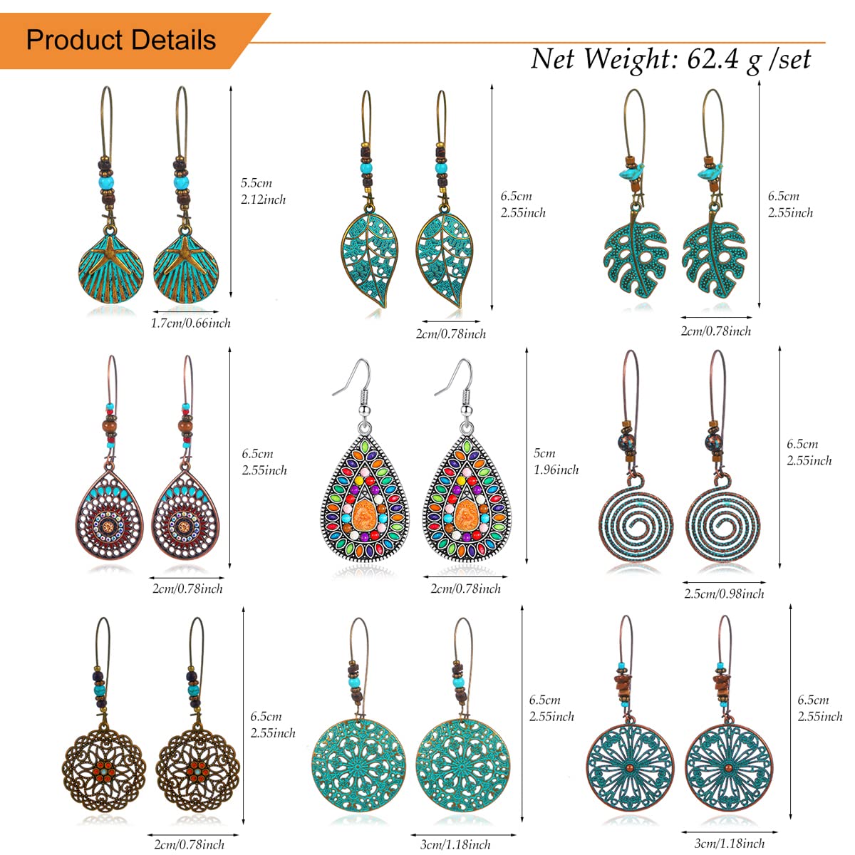 Bohemian Vintage Dangle Earrings Boho Retro Hollow Metal Dangle Drop Earrings for Women Girls (9pairs)