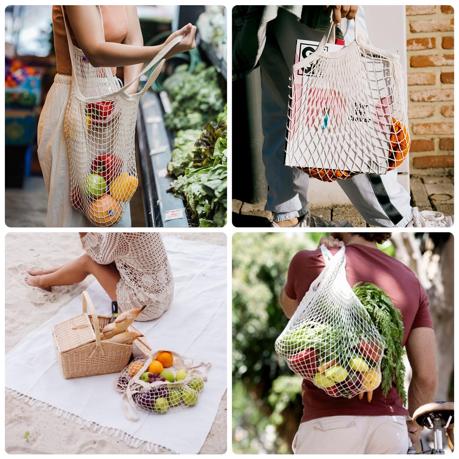 Mordx 2 Pack Premium Mesh Grocery Bags,100% Cotton String Mesh Bags,Long Handle Net Tote Bags,Reusable Produce Bags,Washable,Portable,Fruit and Vegetable Storage Bags,Beige