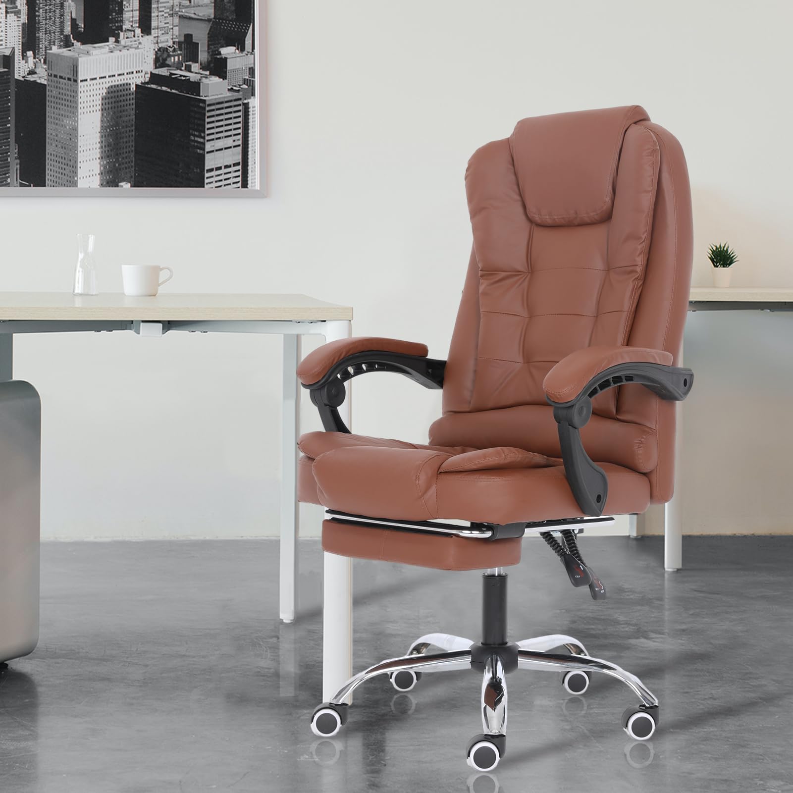 Bioopts Massage Office Chair Executive High Back Chair Lumbar Support Computer Desk Chair Ergonomic PU Leather-Padded Swivel Chair Reclining Task Chair with Footrest for Home Office Work(Light Brown)