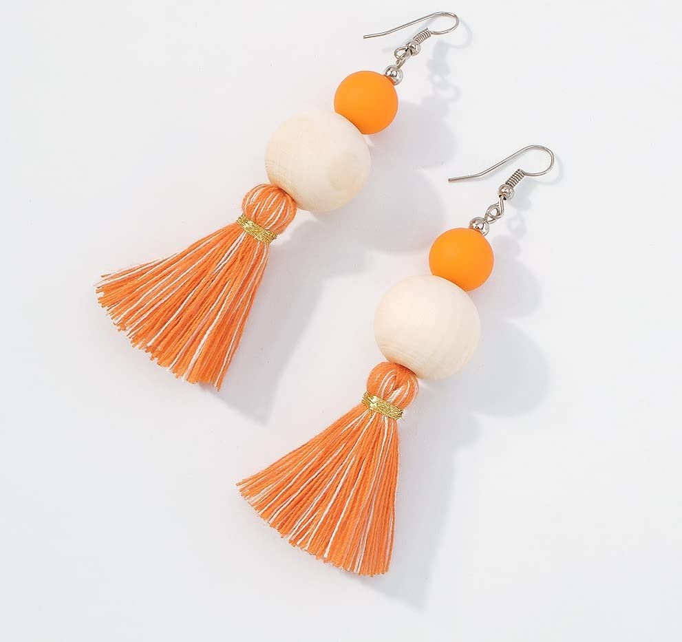 Boho Fringe Earrings Set Long Thread Tassel Earrings Fan Long Shape Tassel Drop Earring Set for Women Girls-Orange