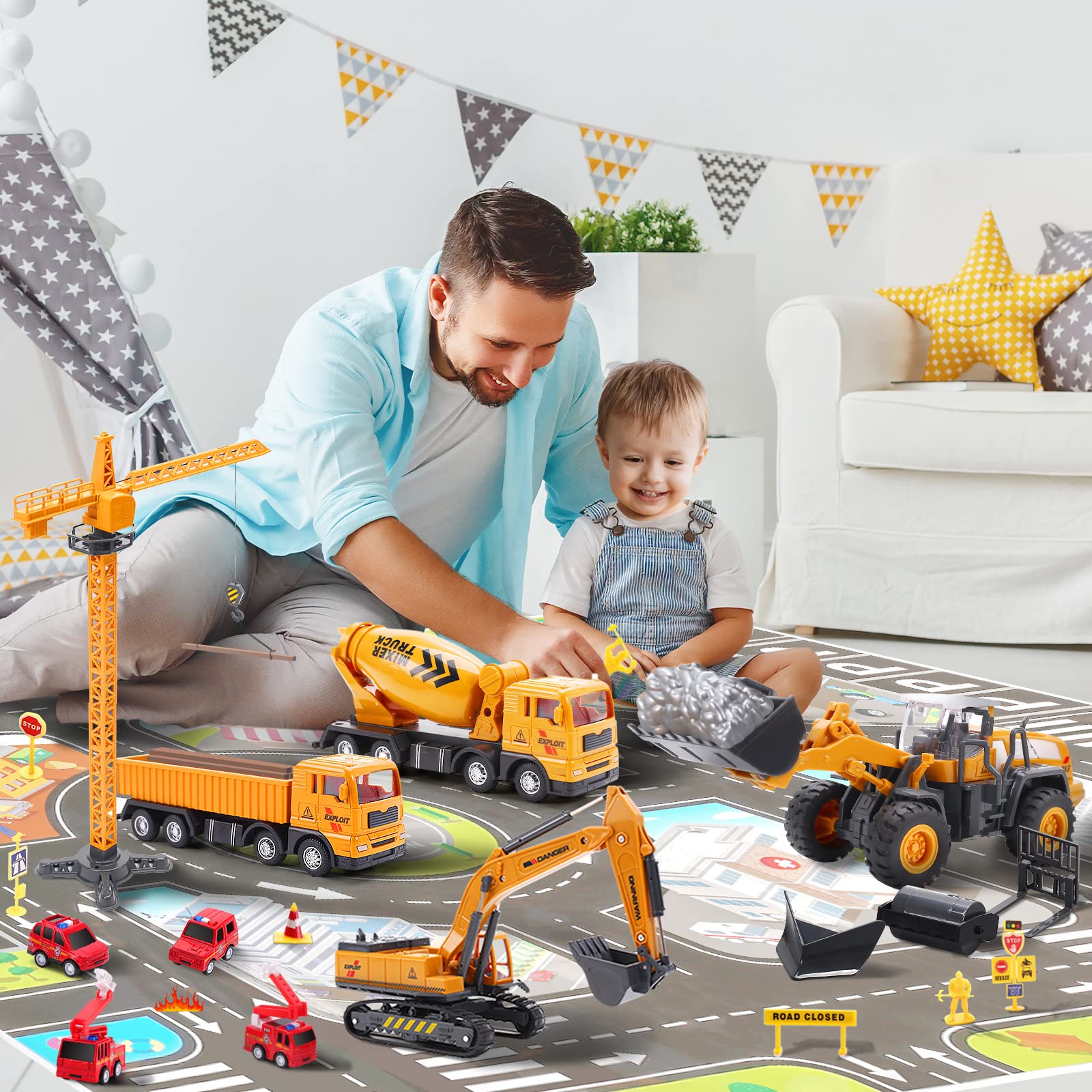 skirtoy Kids Construction Vehicles Playset with Playmat, 18" Crane Toy, 10" Excavator, Tractor, Dump Truck, Cement, 4 Firetrucks, Educational Engineering Toy Set Birthday Gift for Toddler Boy 3+