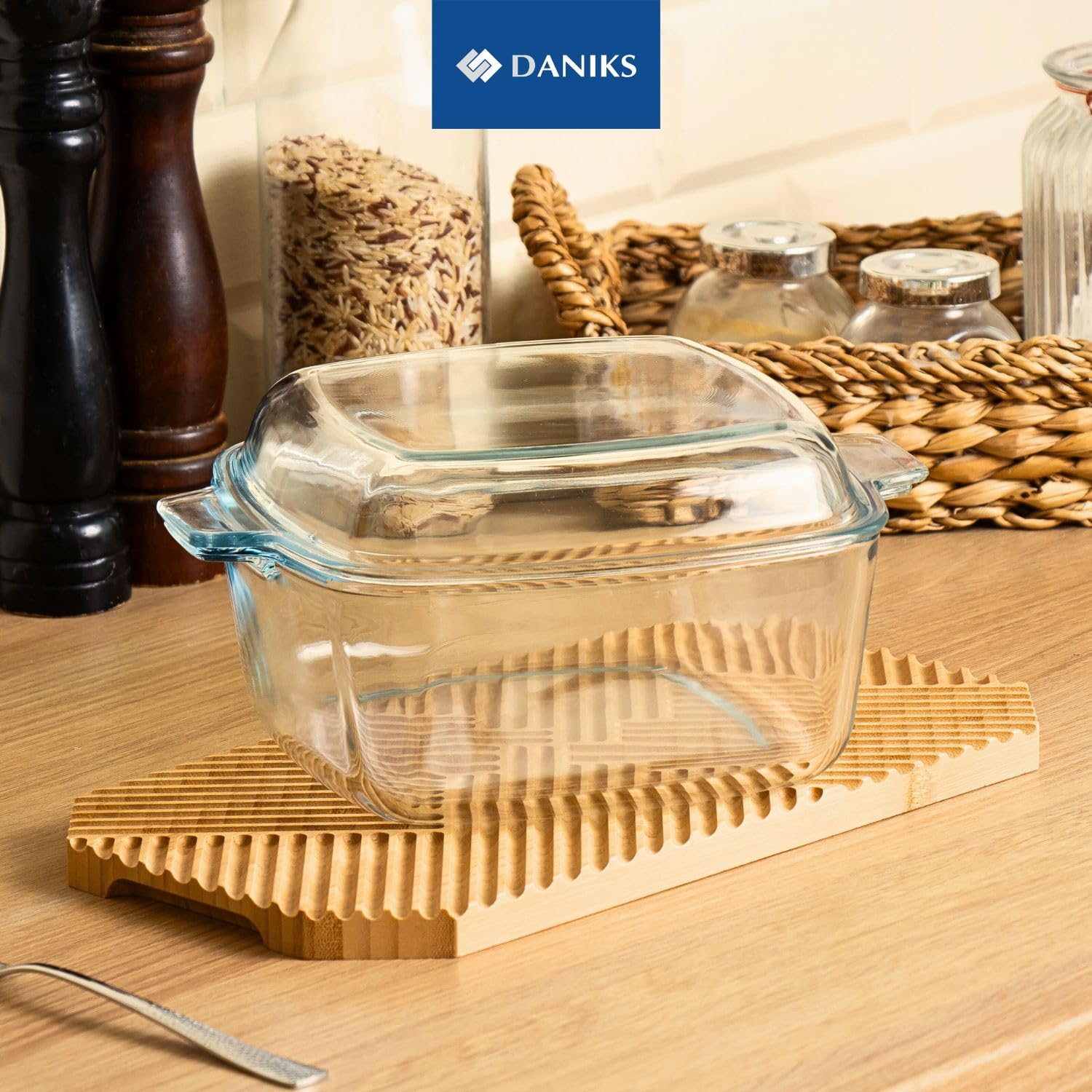 Daniks 2-in-1 Glass Baking Dish with Borosilicate Glass Lid | 2.6 Quart Glass Casserole for Cooking | Microwave, Oven and Dishwasher Safe Pan 8.3x10in Bakeware | Square
