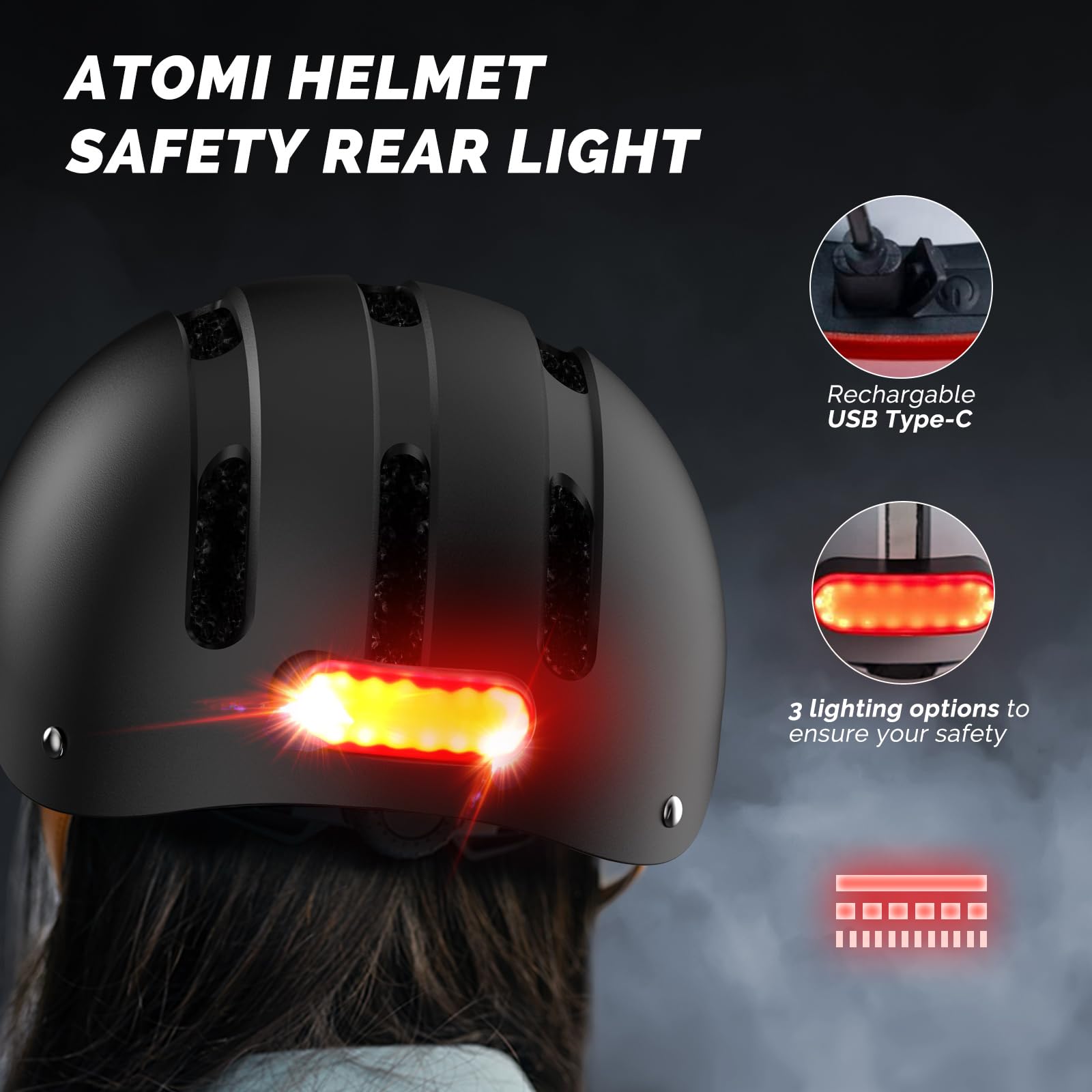 Atomi Bike Helmet - Rechargeable Back LED Helmet Light - CPSC Certified Bicycle Helmet - Electric Scooter Helmets for Adults with Adjustable Strap - Bright Lights Get Noticed