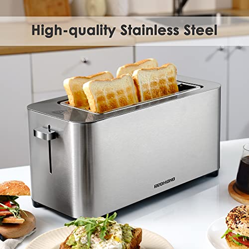 REDMOND Toaster 4 Slice, Stainless Steel Toaster With Bagel, Defrost, Reheat Function, Extra Wide Slots Long Slot Toaster, 6 Browning Settings and Removable Crumb Tray, Silver