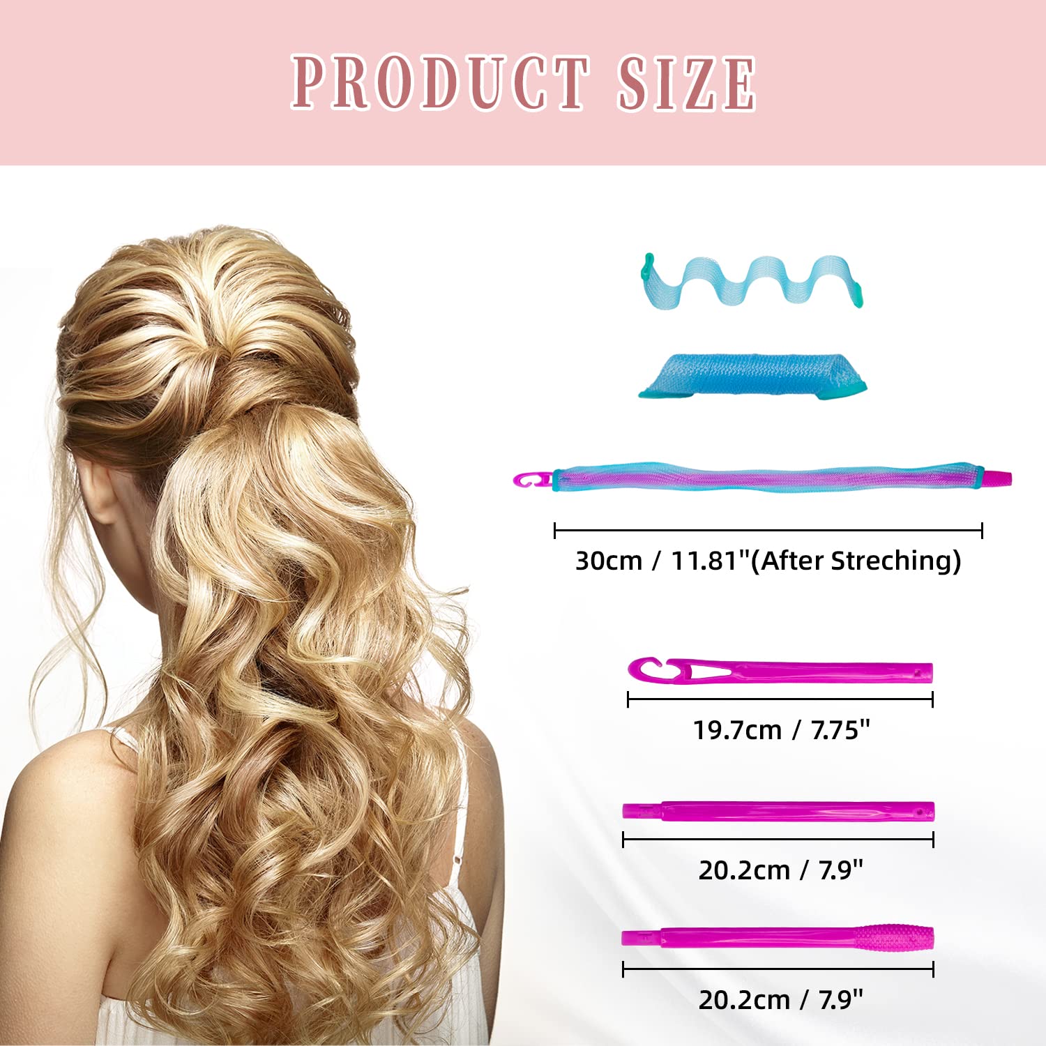 Essenergi 30pcs Heatless Hair Curlers Rollers Wave Curls Styling Kit with 2 Sets Styling Hooks,No Heat Spiral Curlers for Short and Medium Hair(12 Inch/ 30 cm)
