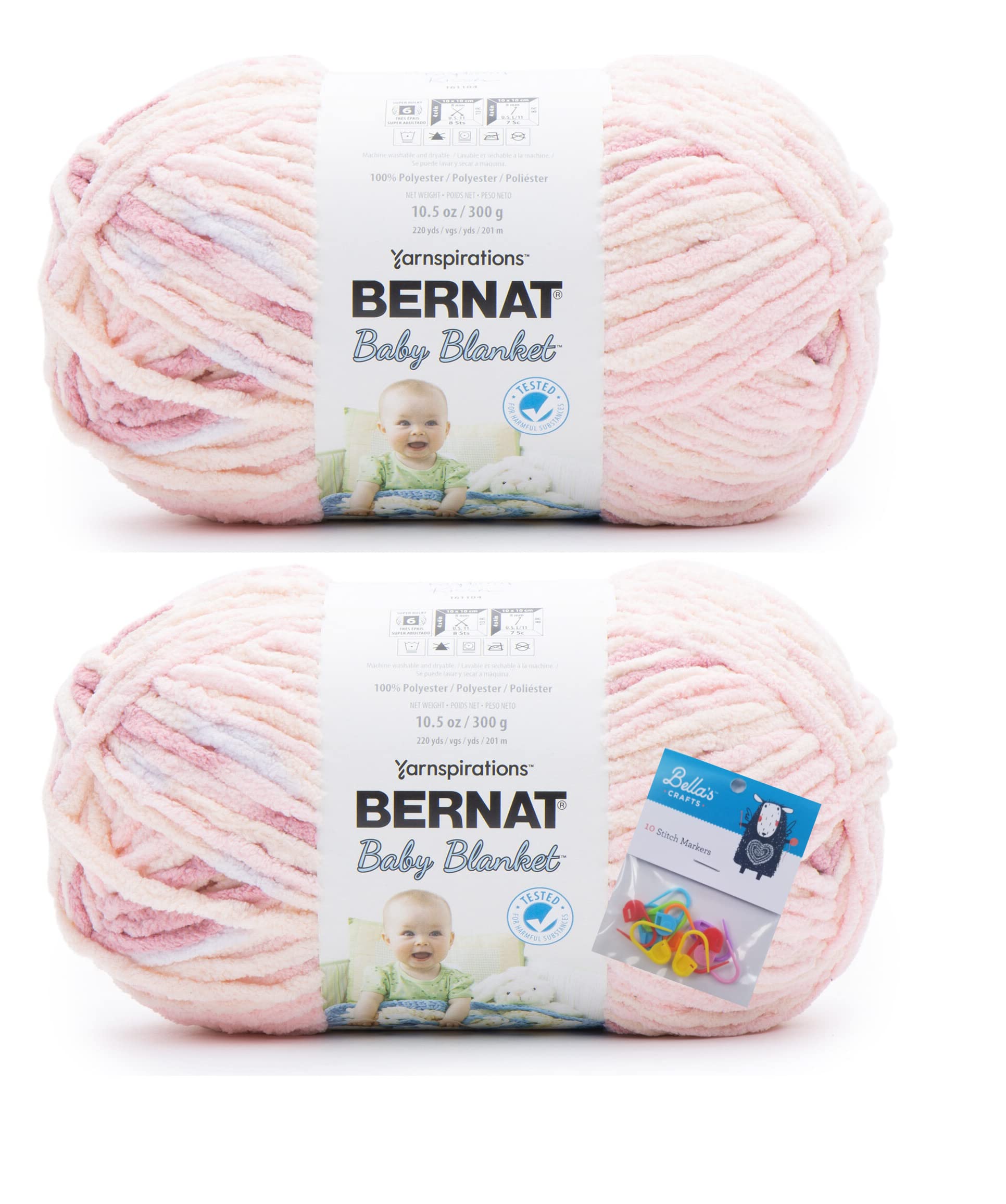 Bernat Baby Blanket Yarn - Big Ball (10.5 Oz) - Raspberry Kisses - 2-Pack Bundle with Bella's Crafts Stitch Markers