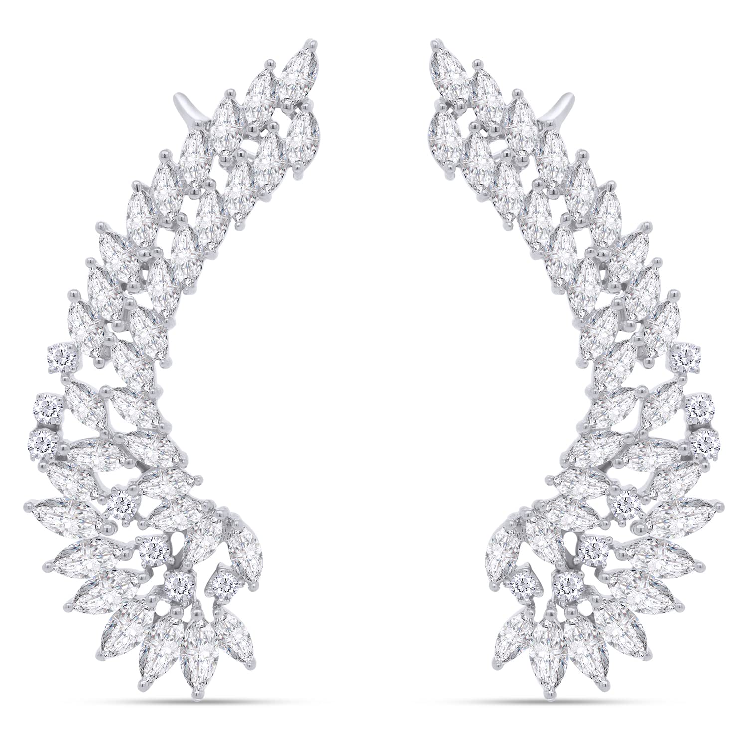 Big Angel Wing Ear Crawler Earrings Cubic Zirconia in 14k White Gold Over Sterling Silver
