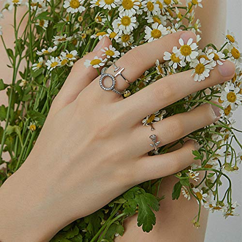 BISAER 925 Sterling Silver Rose Flower Ring for Women Adjustable Stacking Wedding Engagement Rings