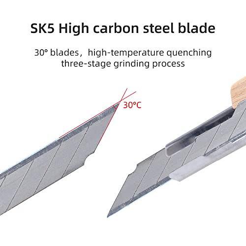 bingaai Snap-off Utility Knife with Wooden Handle, 9MM Wood Box Knife, 30° Utility Blade, Sharp Blade, Non-Slip Design, Automatic Locking, Retractable Box Cutter, Natural wood Color