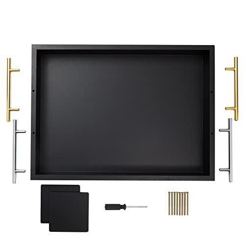 Black Serving Tray for Coffee Table, 16x12 with Coasters, Decorative Interchangeable Gold andSilver Handles