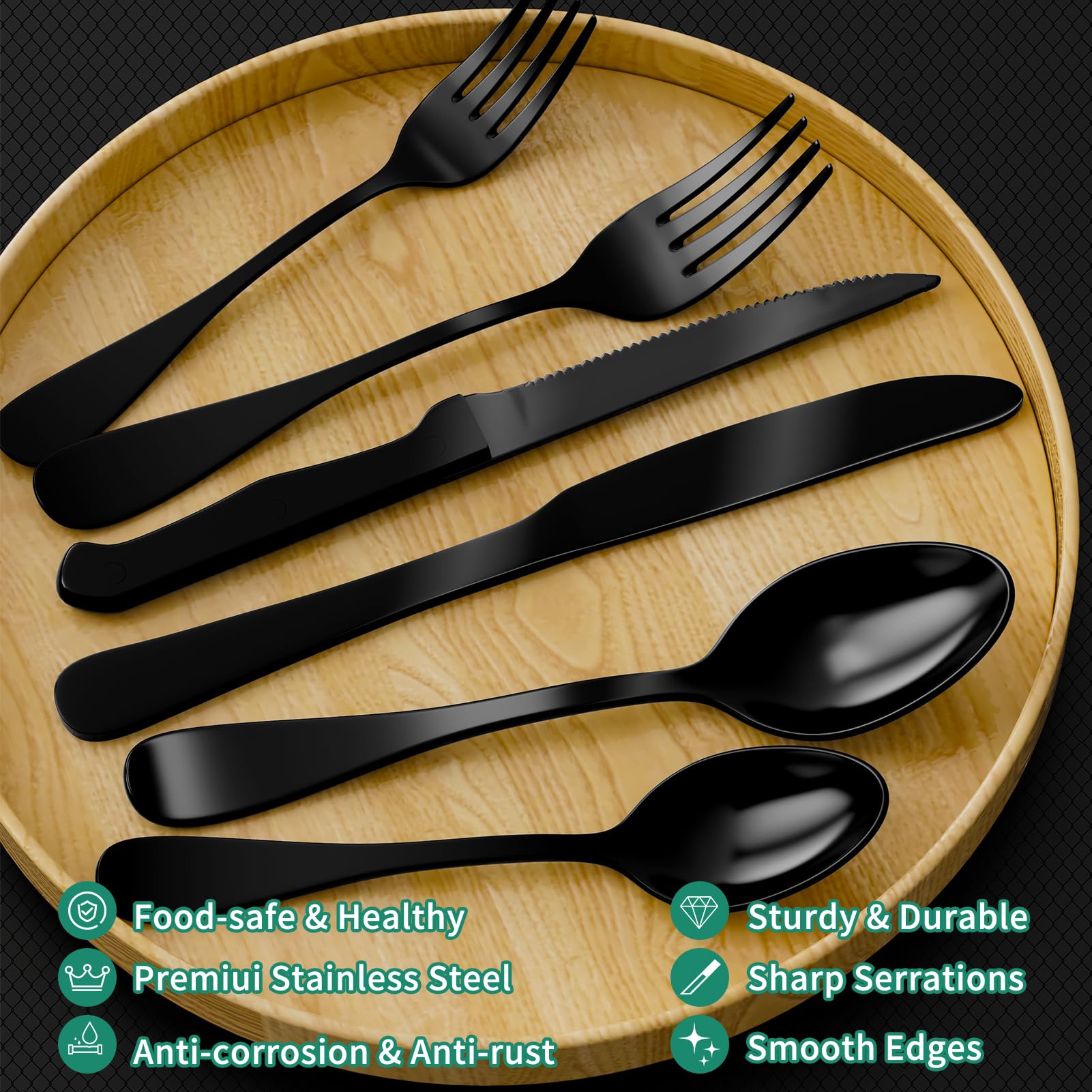 Black Silverware Set with Steak Knives, Flatware Set Organizer Drawer Tray Kitchen Utensils Tableware Service Matte Cutlery Stainless Steel Knife Fork Spoons for 5 Mirror Polished Dishware Safe