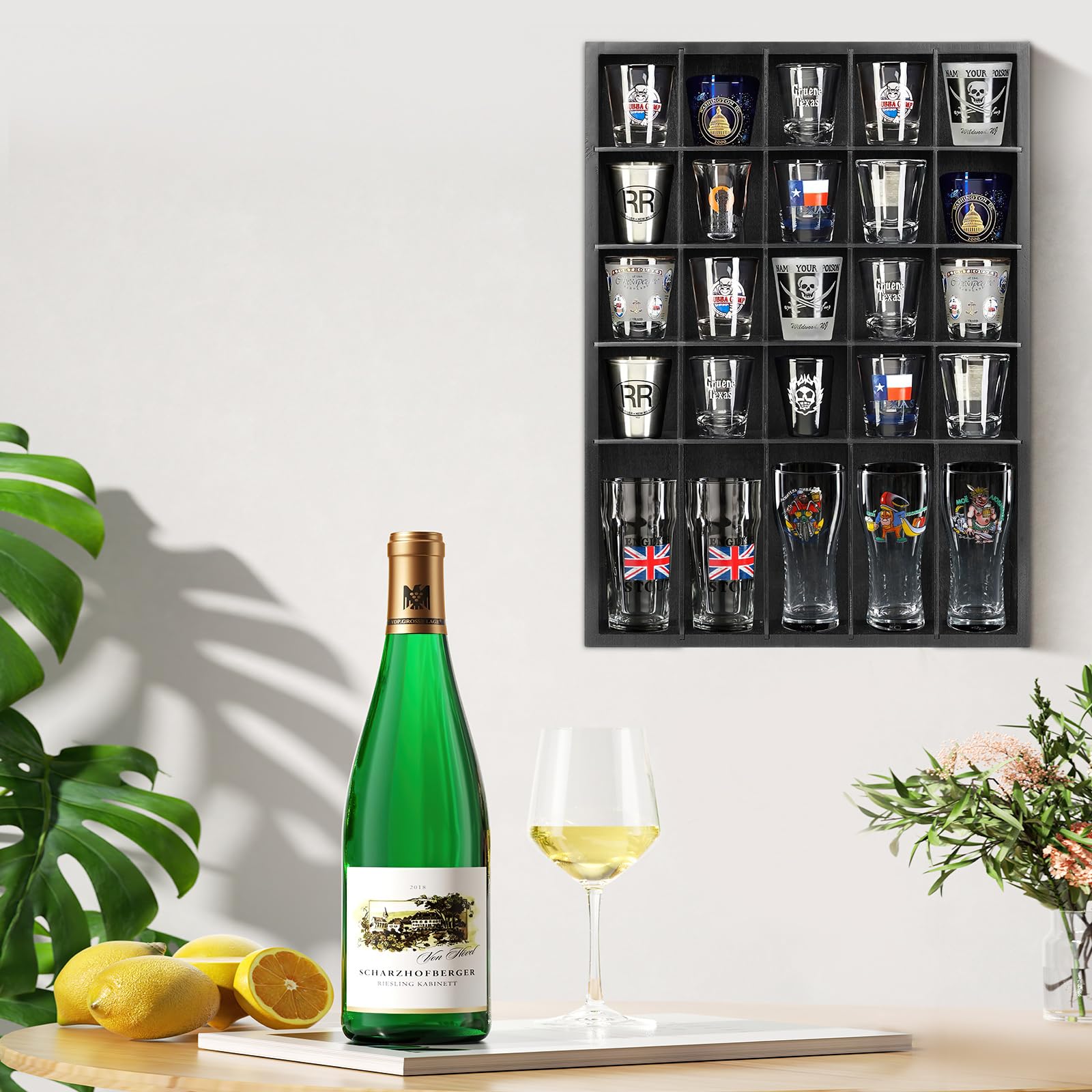 DARCKLE Shot Glass Display Case for Wall, Wood Holds Set of 30 Glasses Shot Glass Holder Display Shelf, 17'' x 12''-3'' x 2'' (Black, 1PCS)