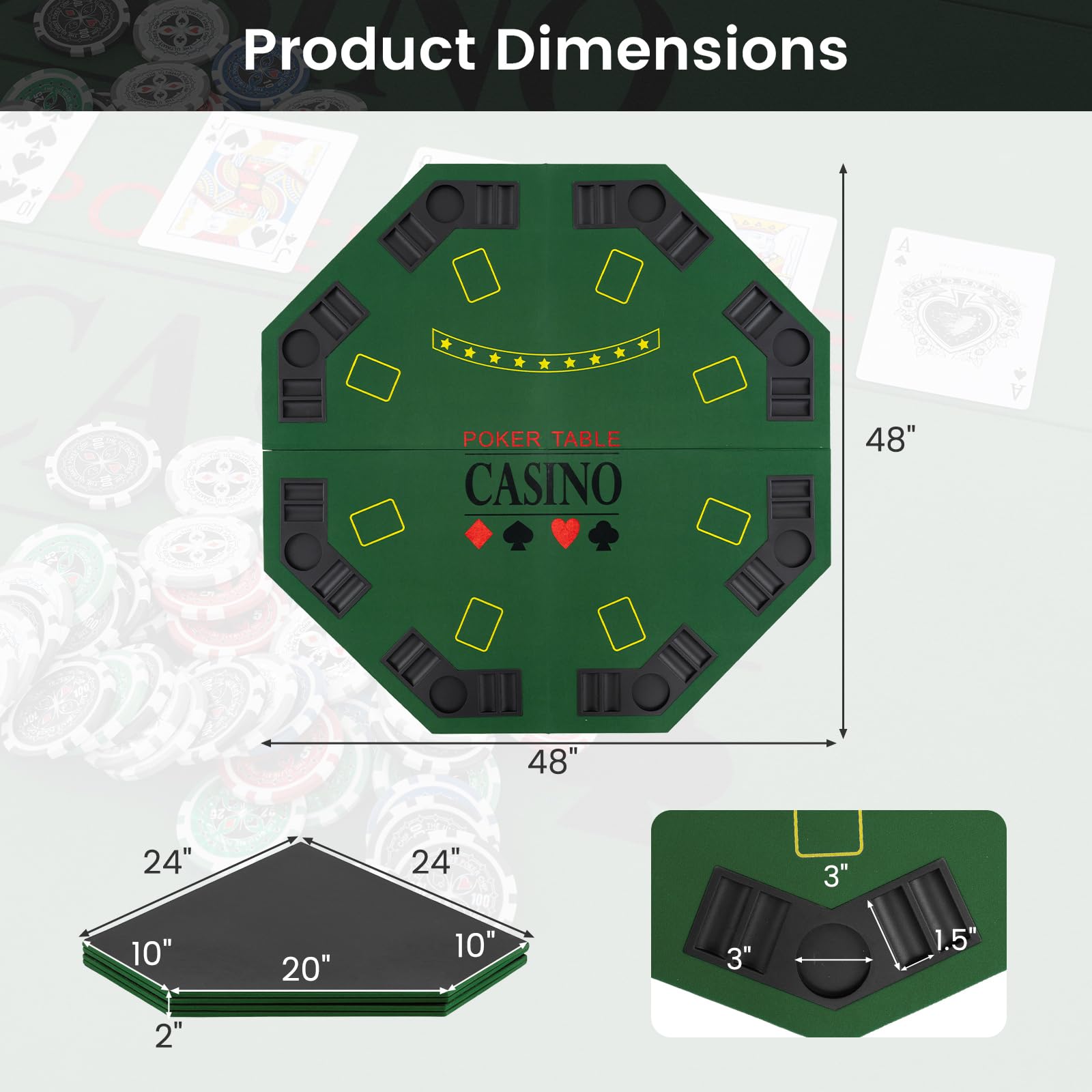 Giantex 48" Poker Table Top, 8 Player Foldable Texas Holdem Poker Mat Layout w/Carrying Bag, Cup Holders, Chip Trays, Portable Anti-Slip Blackjack Octagonal Poker Table Topper for Card Casino Game