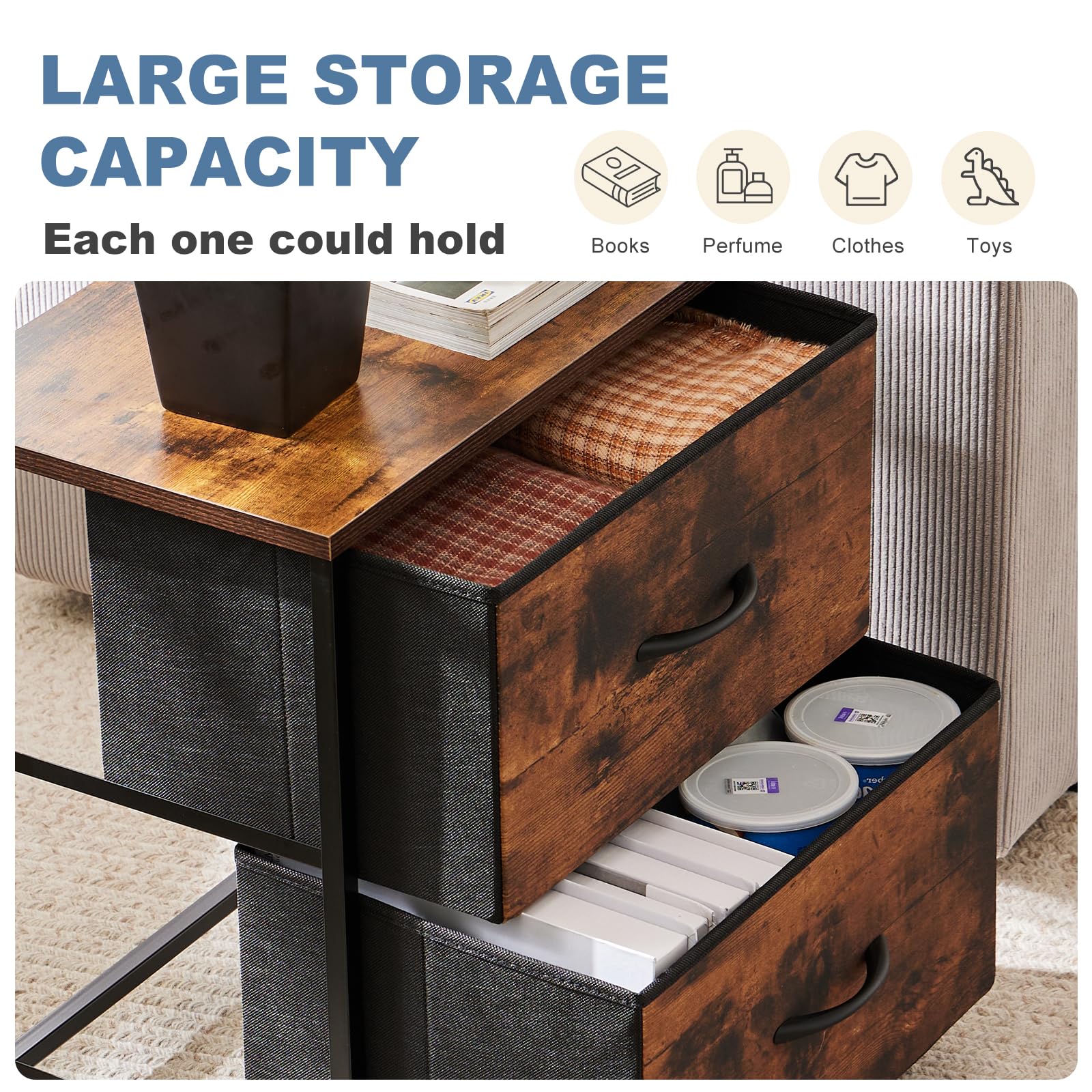 DUMOS Nightstand Small Dresser with 2 Fabric Drawers Side Bedroom End Table Kids Bedside Storage Furniture for 20 inch Tall Night Stand for Closet, Entryway, College Dorm, Rustic Brown, Medium