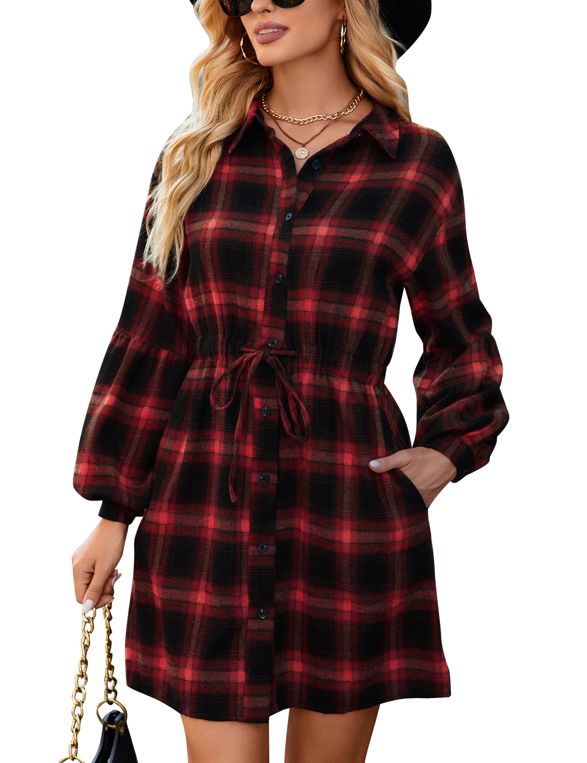 Blooming Jelly Womens Plaid Dresses Flannel Fall Long Sleeve Dresses Christmas Dress Winter Dresses for Women 2023(Large,Red Plaid)