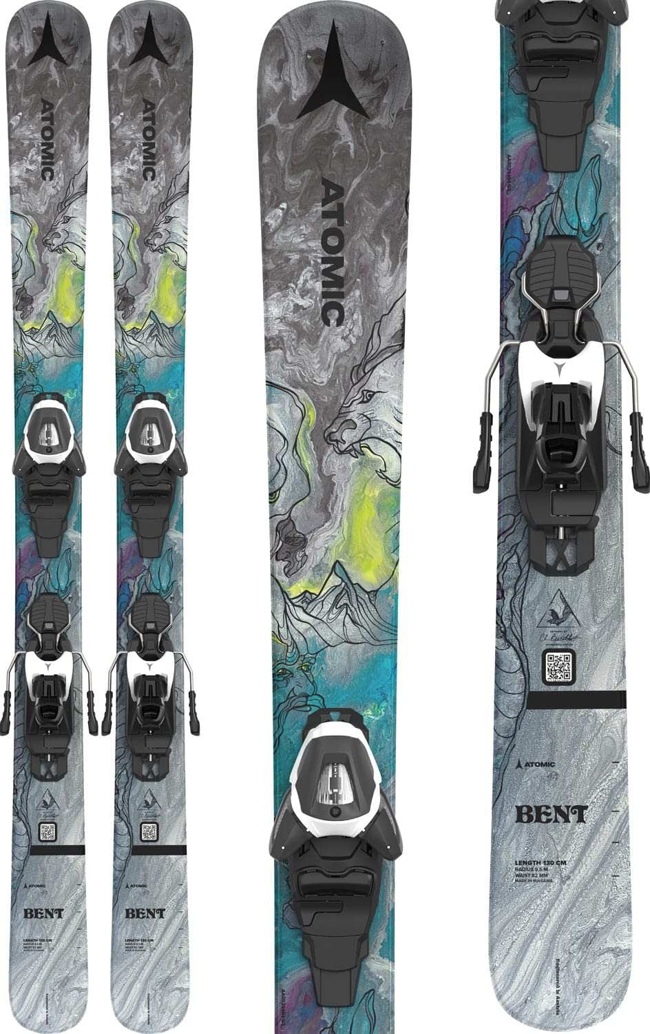 Atomic Bent Jr. Skis w/L 6 GW Bindings Kids Sz 140cm Grey Metallic/Blue