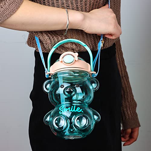 Kawaii Bear Straw Bottle,Large capacity bear water bottle with Strap and Straw , Cute Portable Bear shaped water Bottle Adjustable Removable Strap for outdoor and school activities(blue)