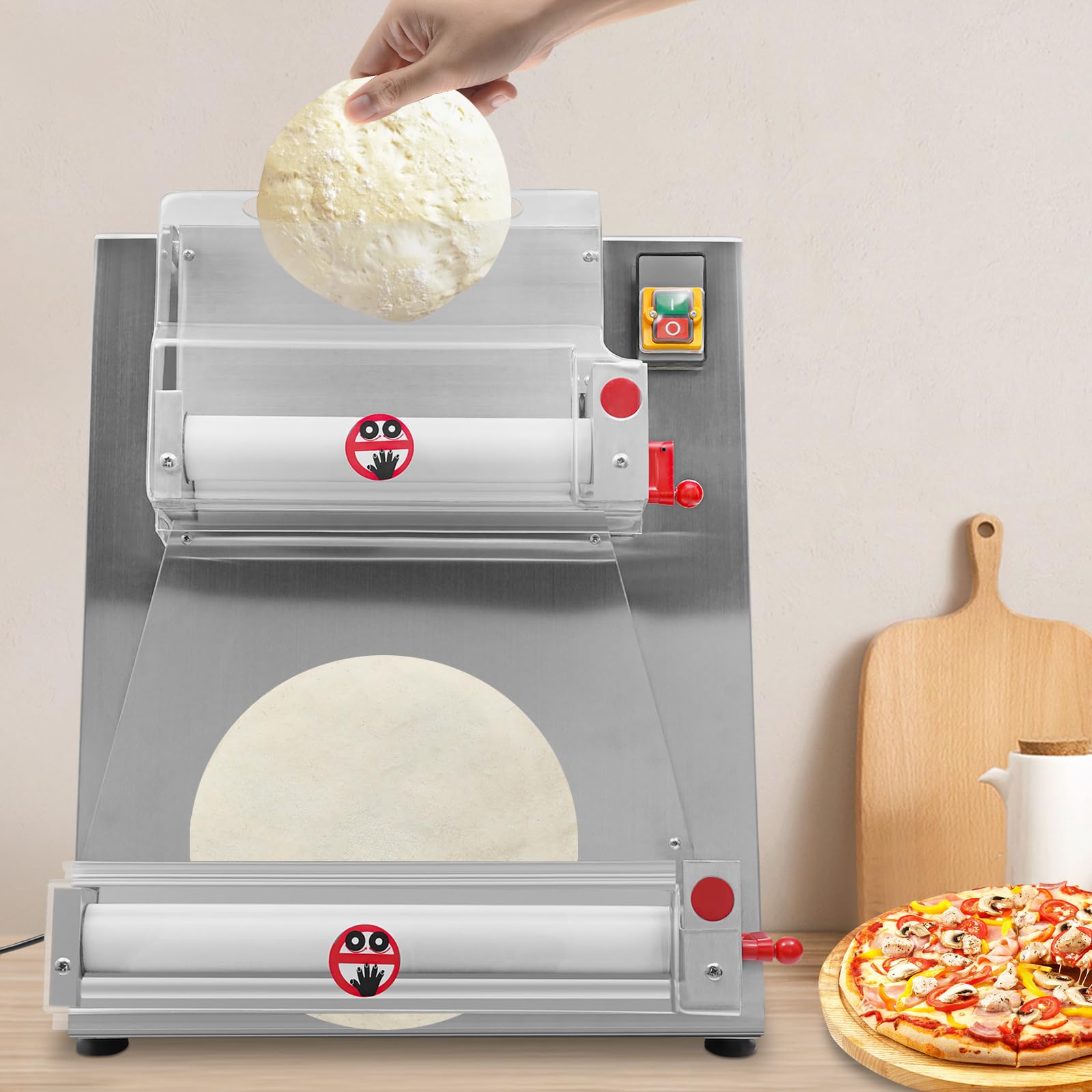 Commercial Pizza Dough Roller Sheeter, 3-15 Inch Electric Automatic Pizza Press, Stainless Steel Adjustable Thickness Dough Machine for Bakeries, Pizzerias, Restaurants, Kitchens