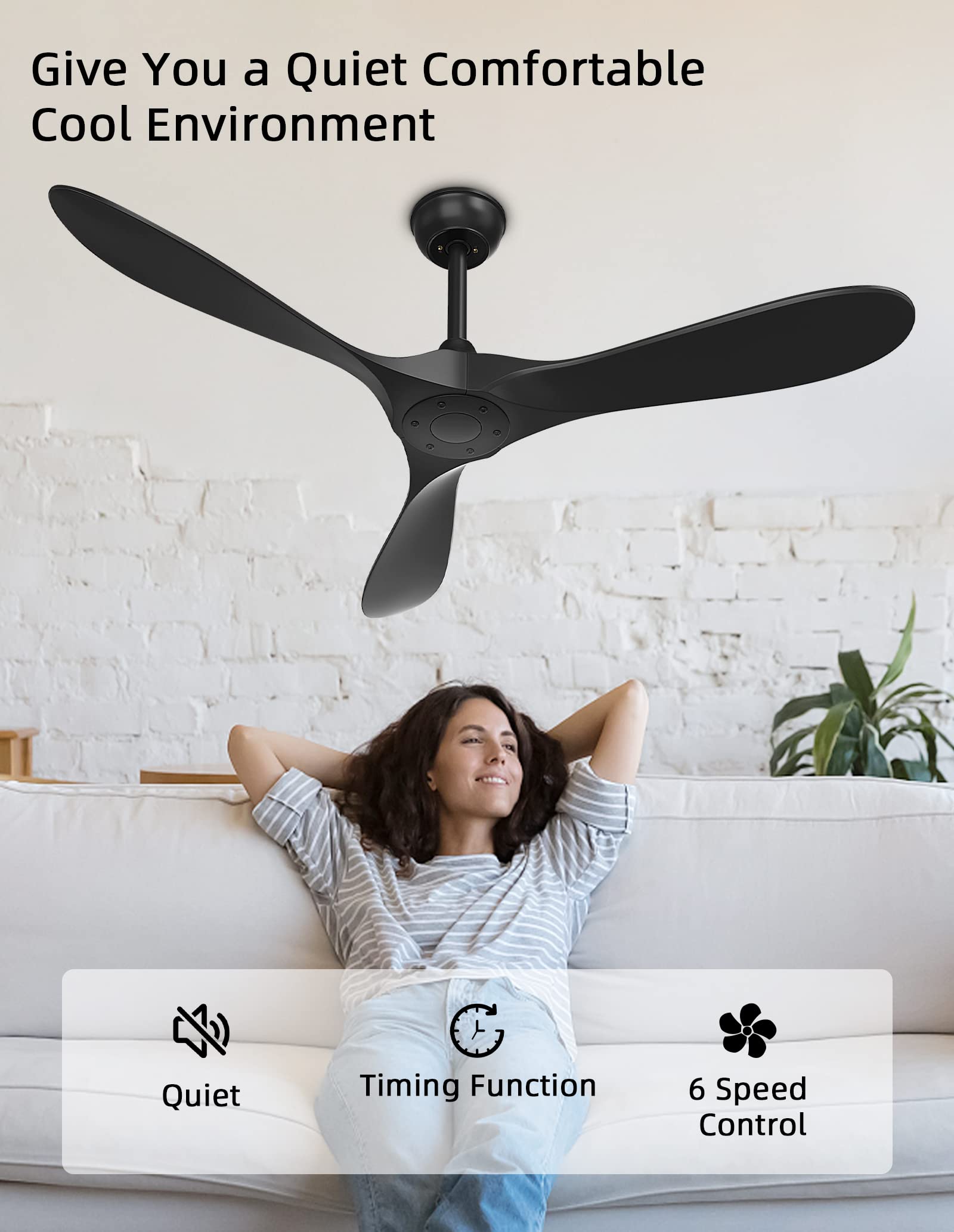 BECLOG Ceiling Fan With Remote Control,Black Indoor & Outdoor Ceiling Fans with Noiseless DC Motor and 3 Downrods.52 inches Ceiling Fans No Lights Plastic Fan Blade