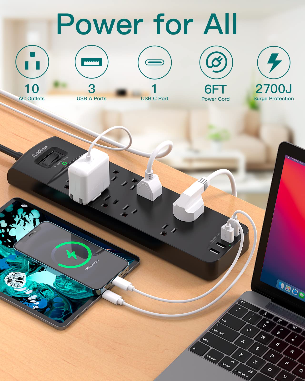 Black USB Wall Charger Surge Protector, 5 Outlet Extender with 4 USB Charging Ports (1 USB C) & Power Strip Surge Protector with 10 Outlets and 4 USB Ports
