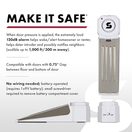 SABRE 120 dB Wedge Door Stop Security Alarm, Extremely Loud Wireless Alarm Siren Audible Up To 1,500 Ft., Non-Skid Pad, Compact Alarm Great for Home, Travel, Apartment or Dorm