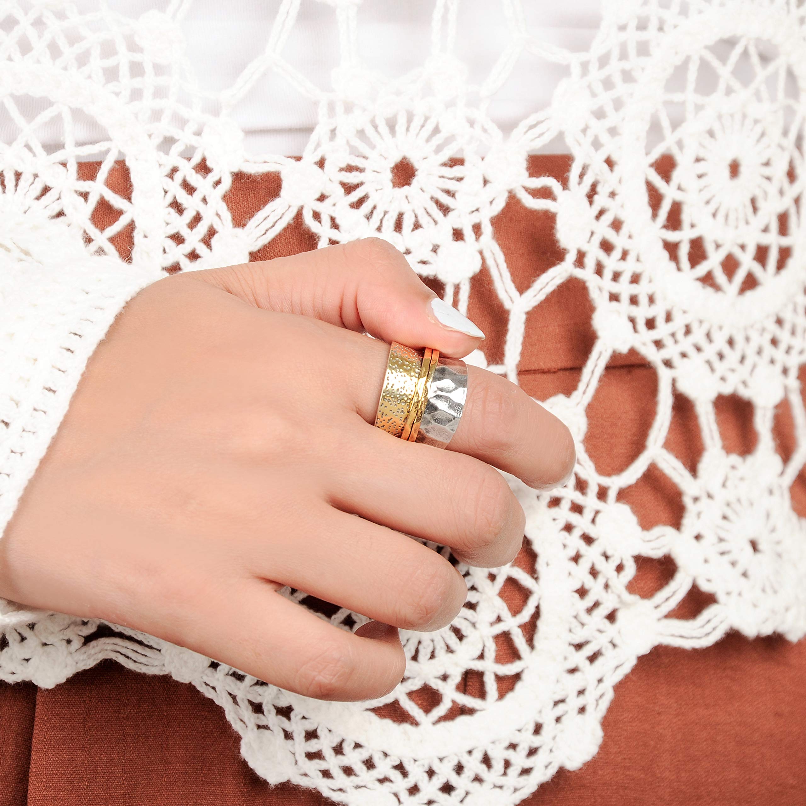Boho-Magic 925 Sterling Silver Spinner Ring for Women with Brass Fidget Rings Wide Band (9)