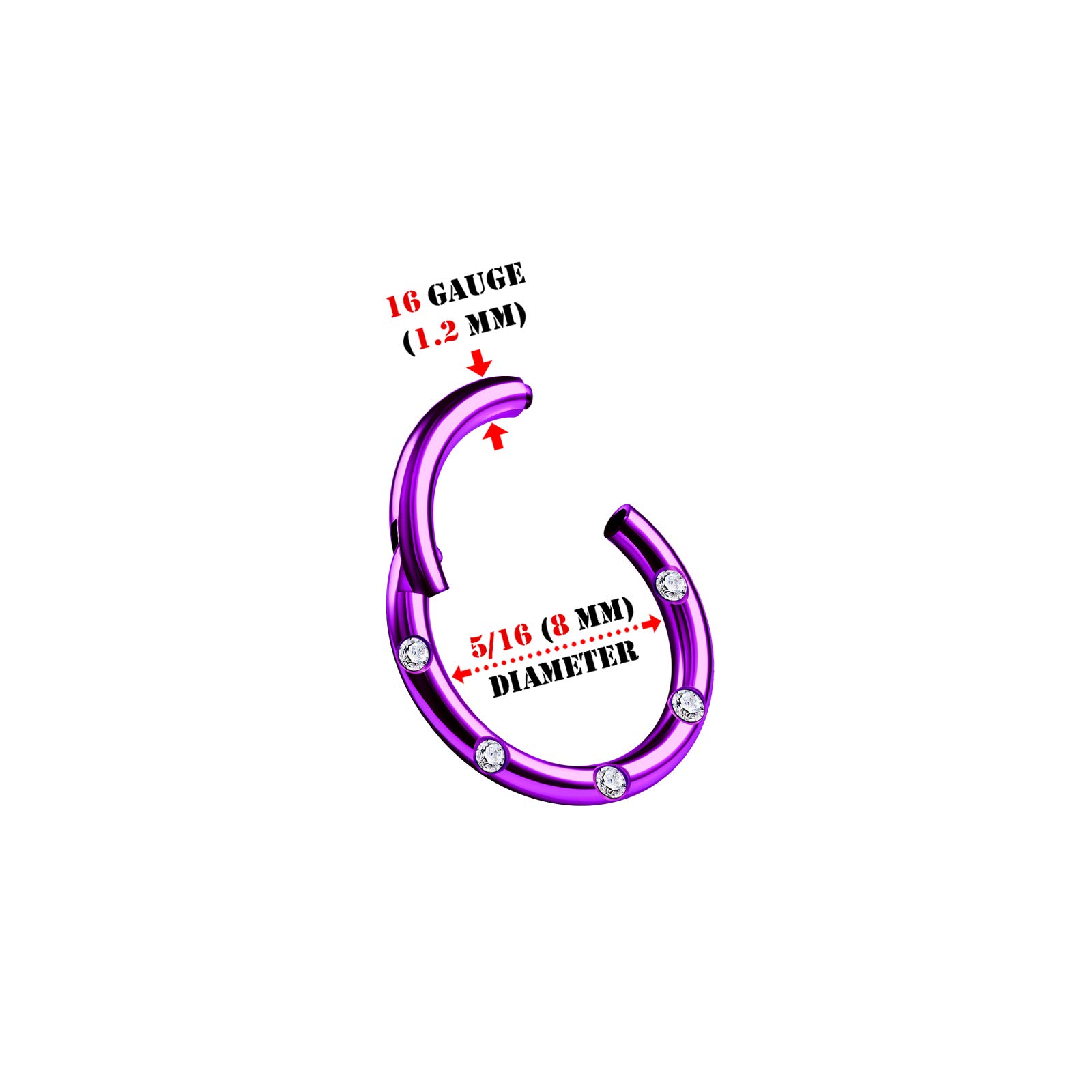 BIG GAUGES Pair of Purple Anodized 16gauges 1.2mm 6mm CZ Stones Hinged Segment Nose Hoop Ring Cartilage Septum Tragus Piercing BG7307