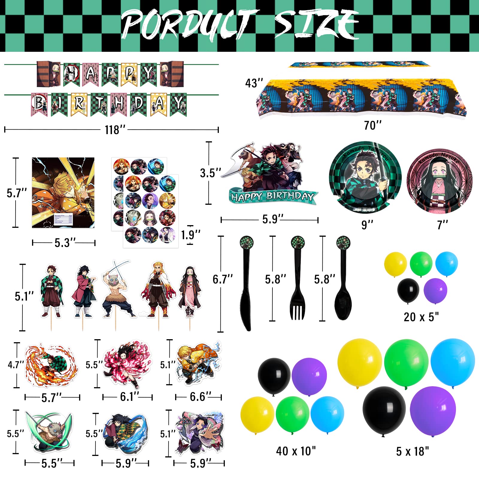 Birthday Decorations, 177Pcs Party Supplies, Include Tablecloth, Stickers, Banner, Cupcake Toppers, Tableware, Plates, Spiral Charm, Balloons for Kids Anime Theme Party