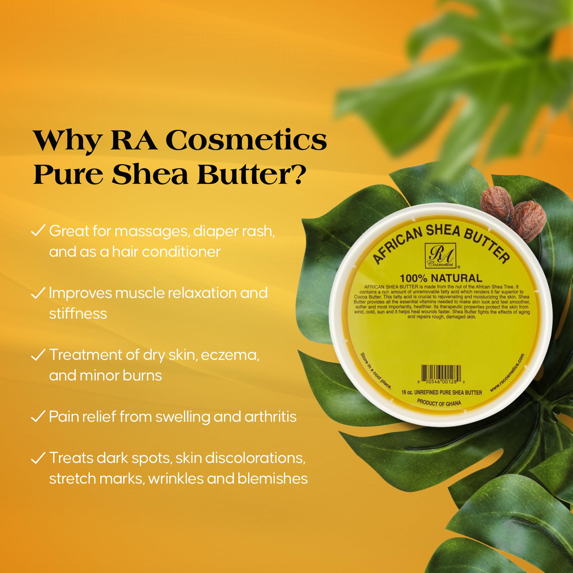 RA Cosmetic's 100% Natural Unrefined Yellow Shea Butter – Pure African Luxury for Skin & Hair - Sourced from Ghana - 16oz Jar