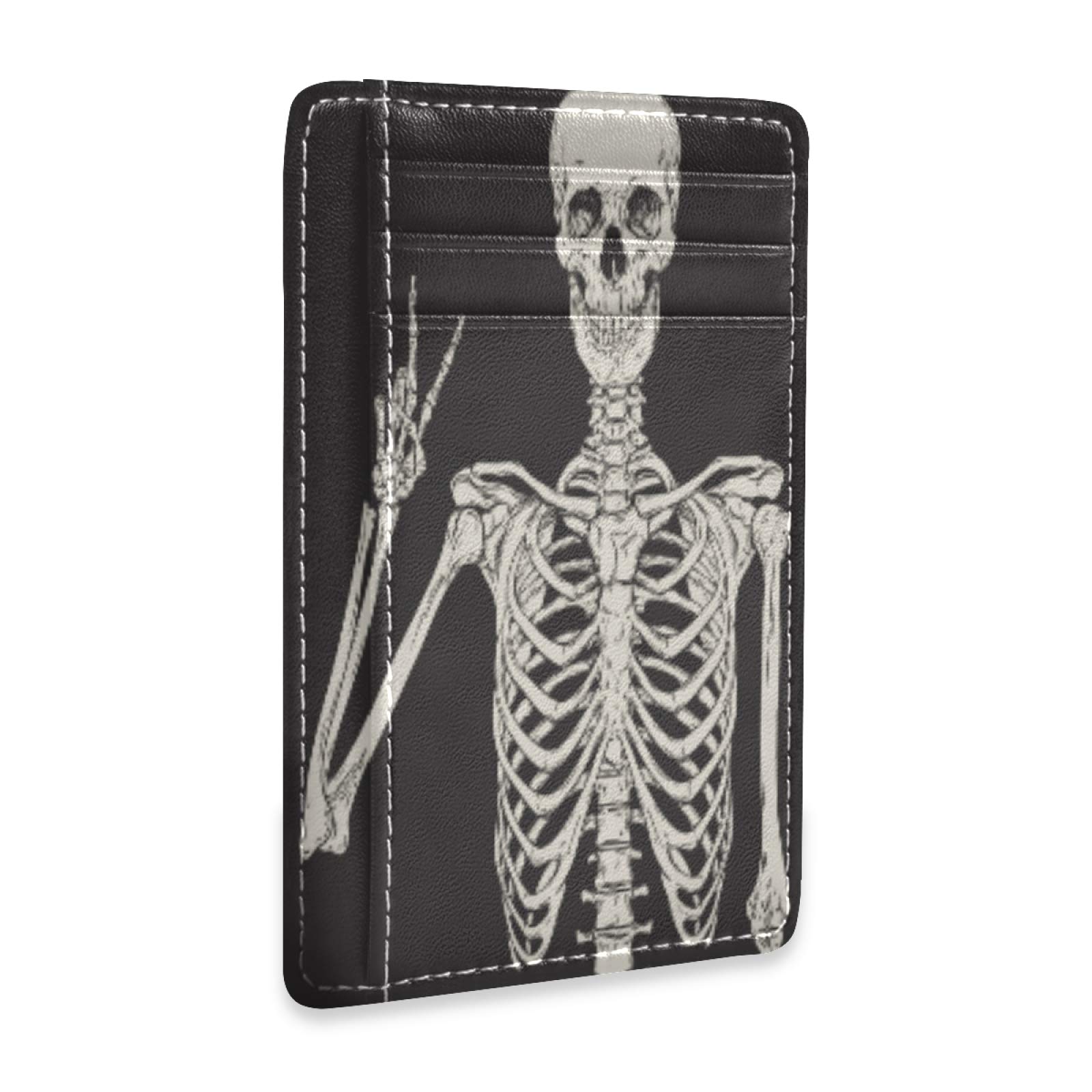 Linomo Thin leather Card Holder and Money Clip Funny Skeleton Wallet RFID Blocking for Men & Women