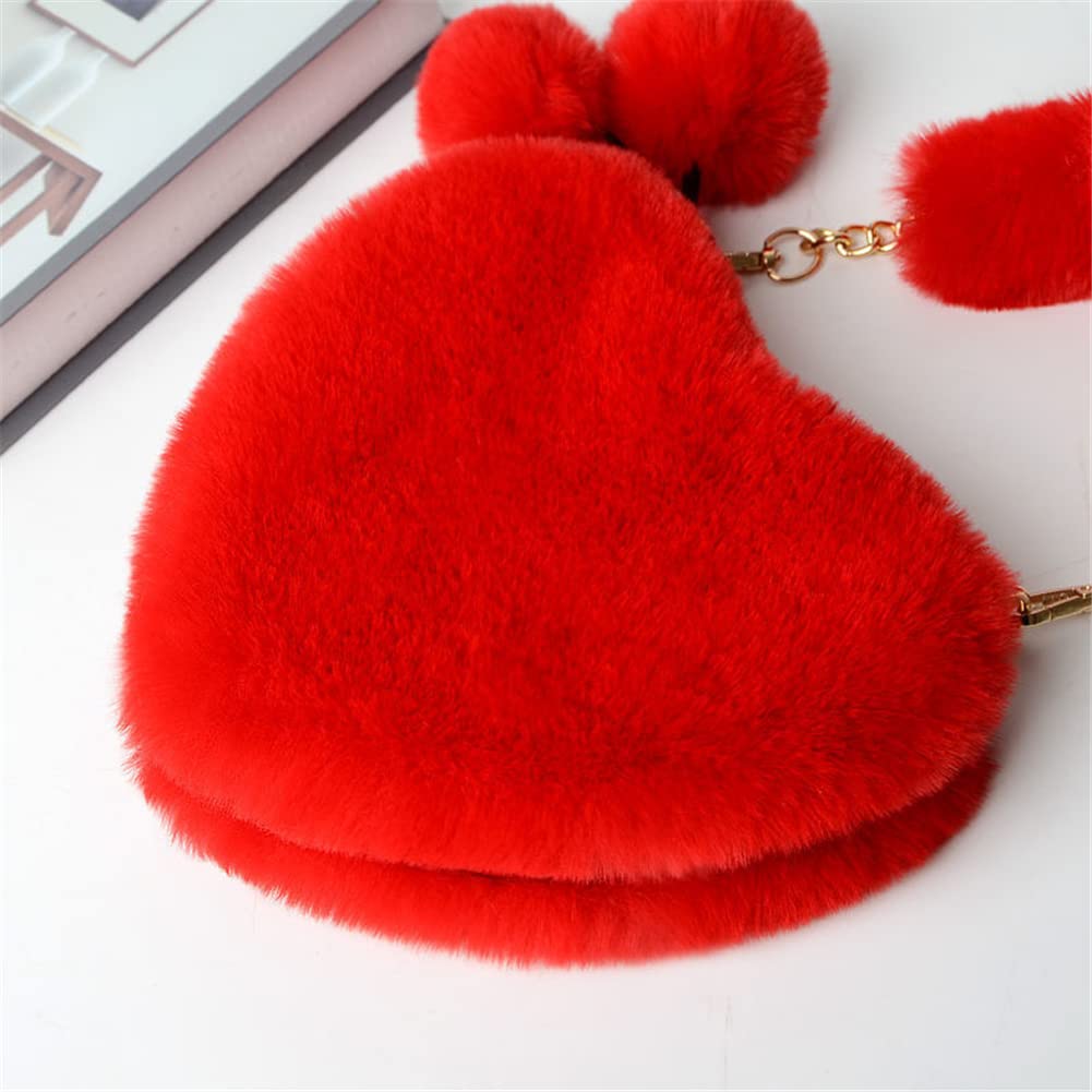 Soft Warm Faux Fur Handbag Fuzzy Crossbody Bag Heart Shape Soft Plush Purse for Winter Women Wallets (Red)