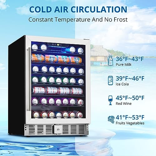 Takywep 24 Inch Beverage Refrigerator, 5.1 Cu.ft Beverage Cooler Under Counter, 166 Cans Drink Fridge for Drinks, Soda, Beer or Wine, 36~60°F Adjustable Temperature.