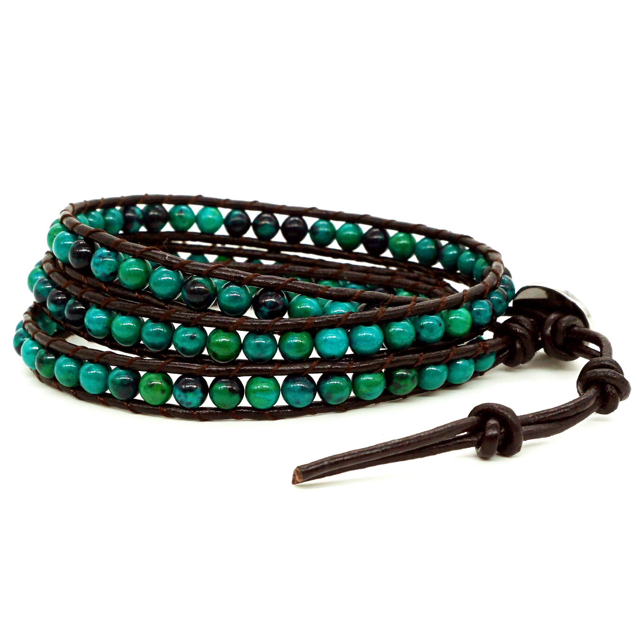 BLUEYES COLLECTION "Amicable Blue Mix Green ChrysocollaGemstone Beads Genuine Leather Bracelet, 3 Wraps