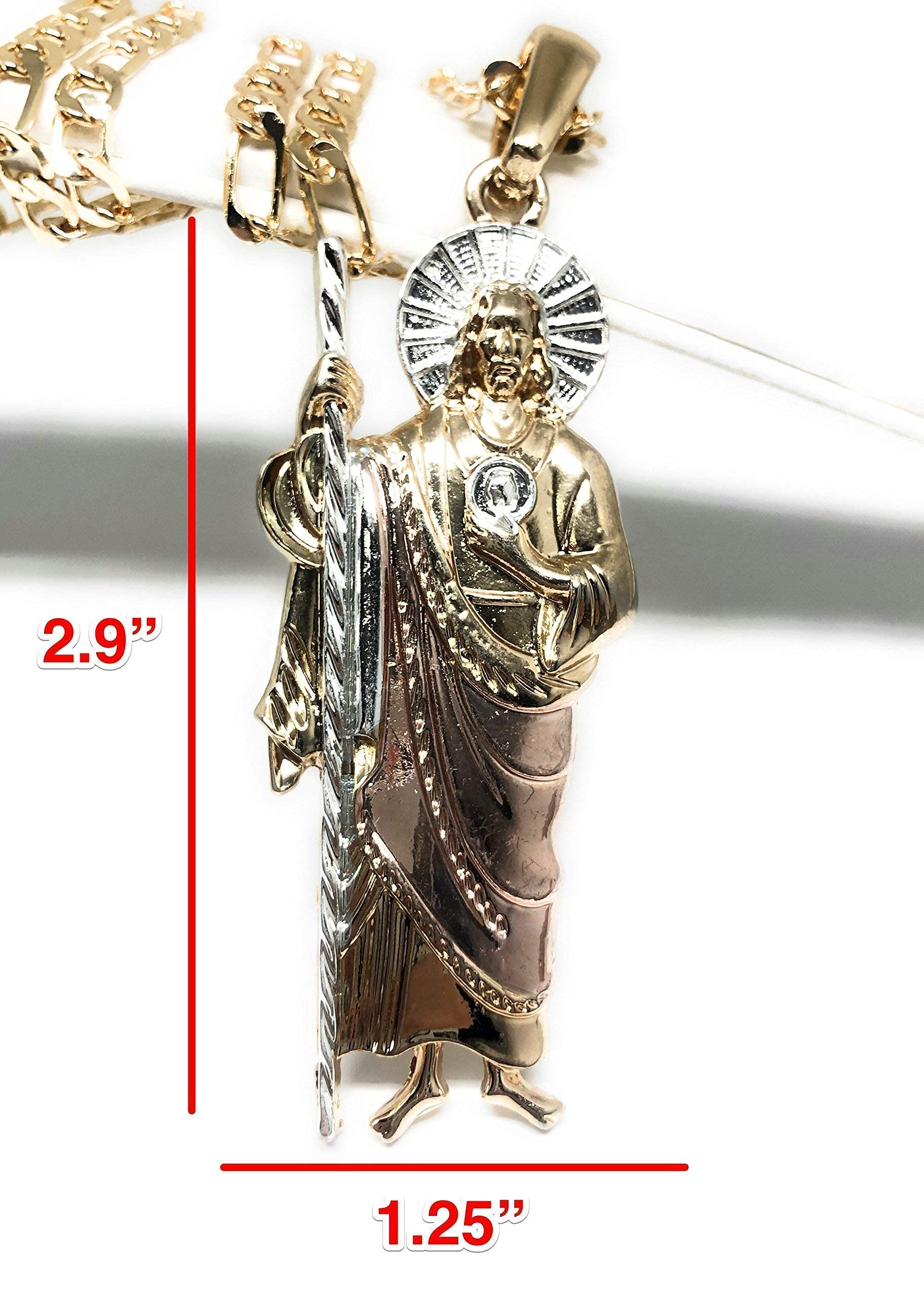 Big Saint Jude Pendant Necklace Figaro 26" San Judas Tadeo XL Tres Colores Medalla Con Oro Laminado