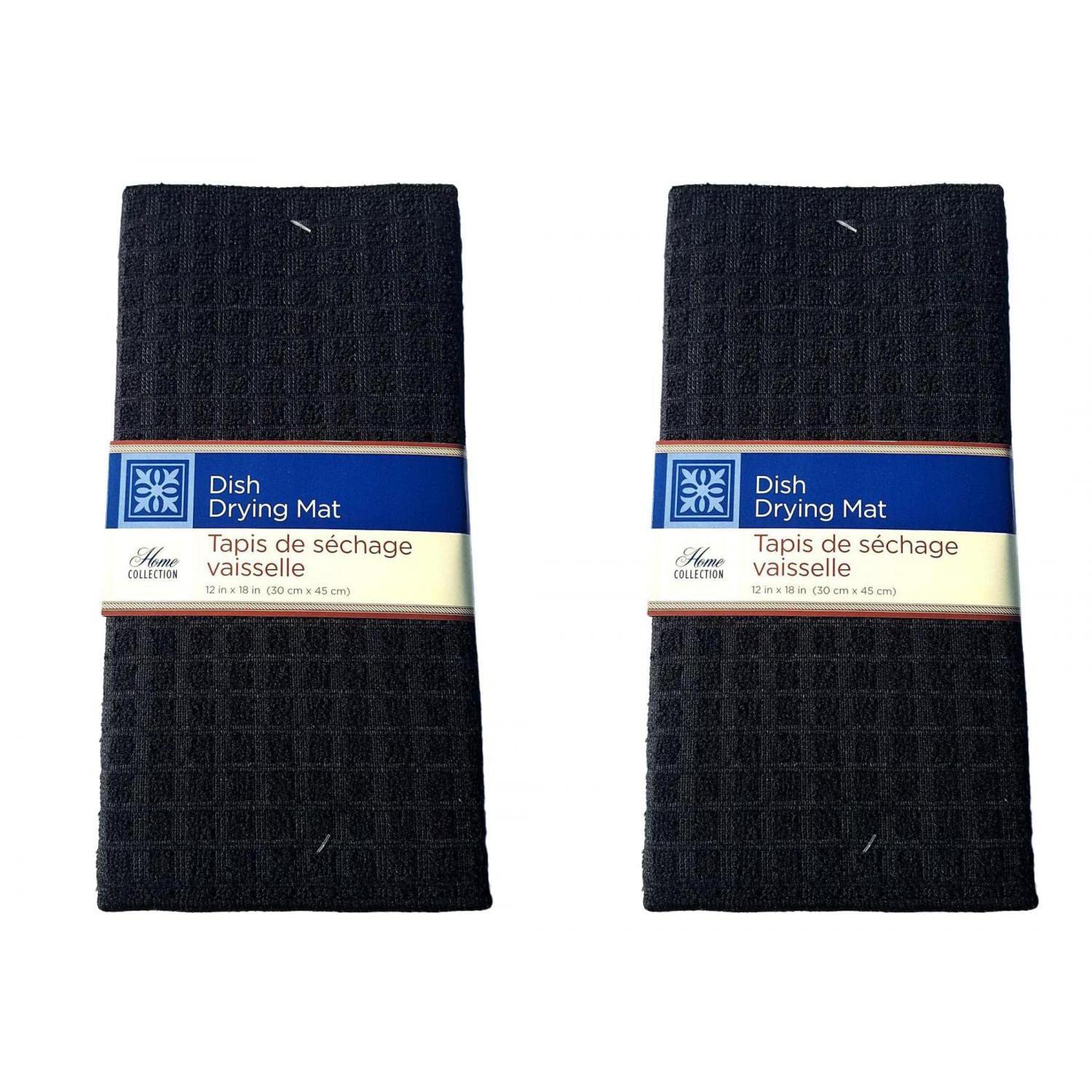 Black Windowpane Microfiber Polyester Dish Drying Mat Pad Cushion,Set of 2, 18 X 12 Inch, Absorbent Quick Drying Stylish Reversible