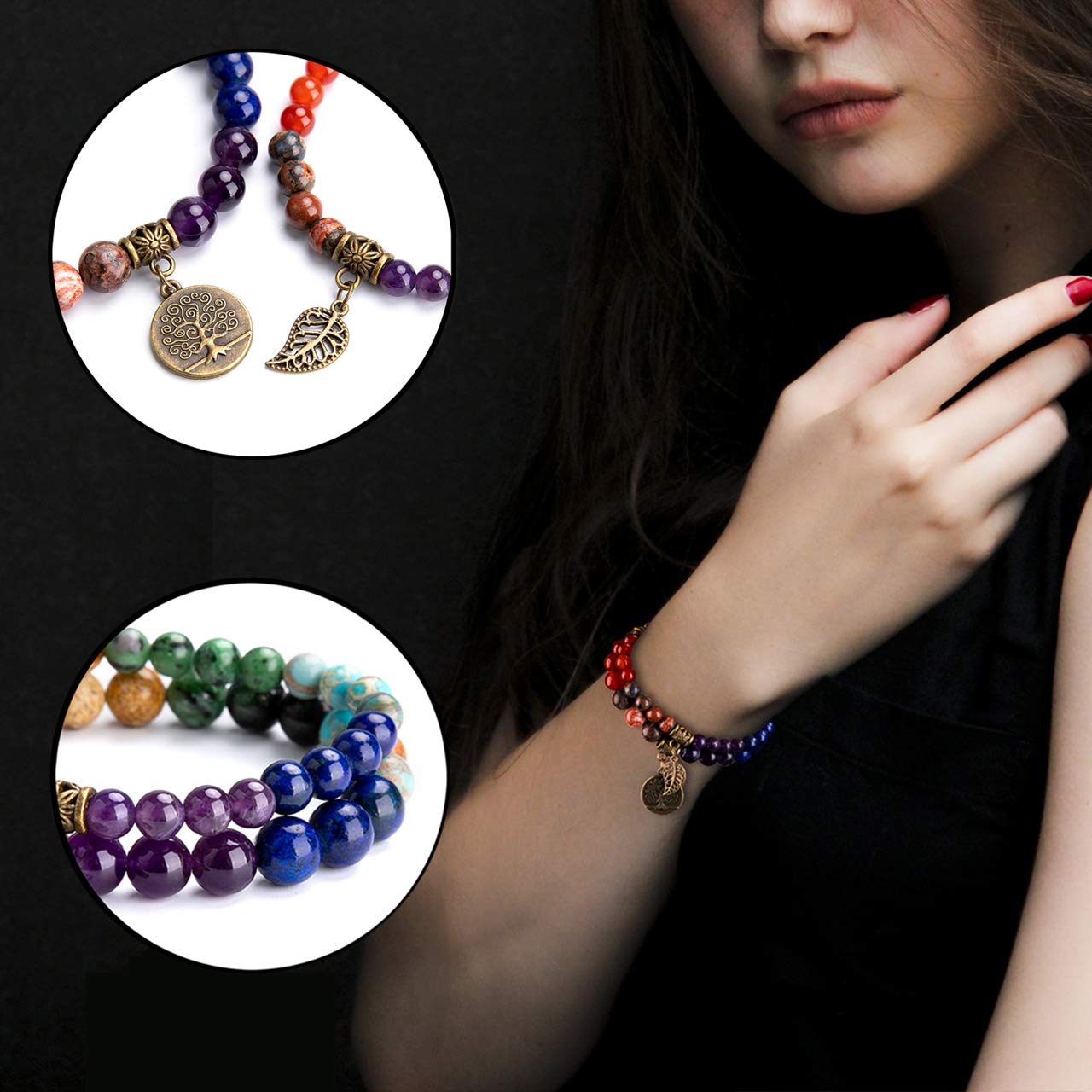 Bivei Natural Semi Precious Gemstone Beads Bracelet for Women - Life Tree and Leaf Charm Chakra Energy Healing Anxiety Stretch Bracelets(7 chakras Beads)