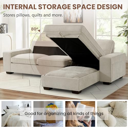 ASHOMELI 99β Convertible Sectional Sofa,L Shaped Couch,Multi-functional Reversible Sofa with USB and Type-C Charging Ports, Storage Space, Breathable Fabric (Beige)