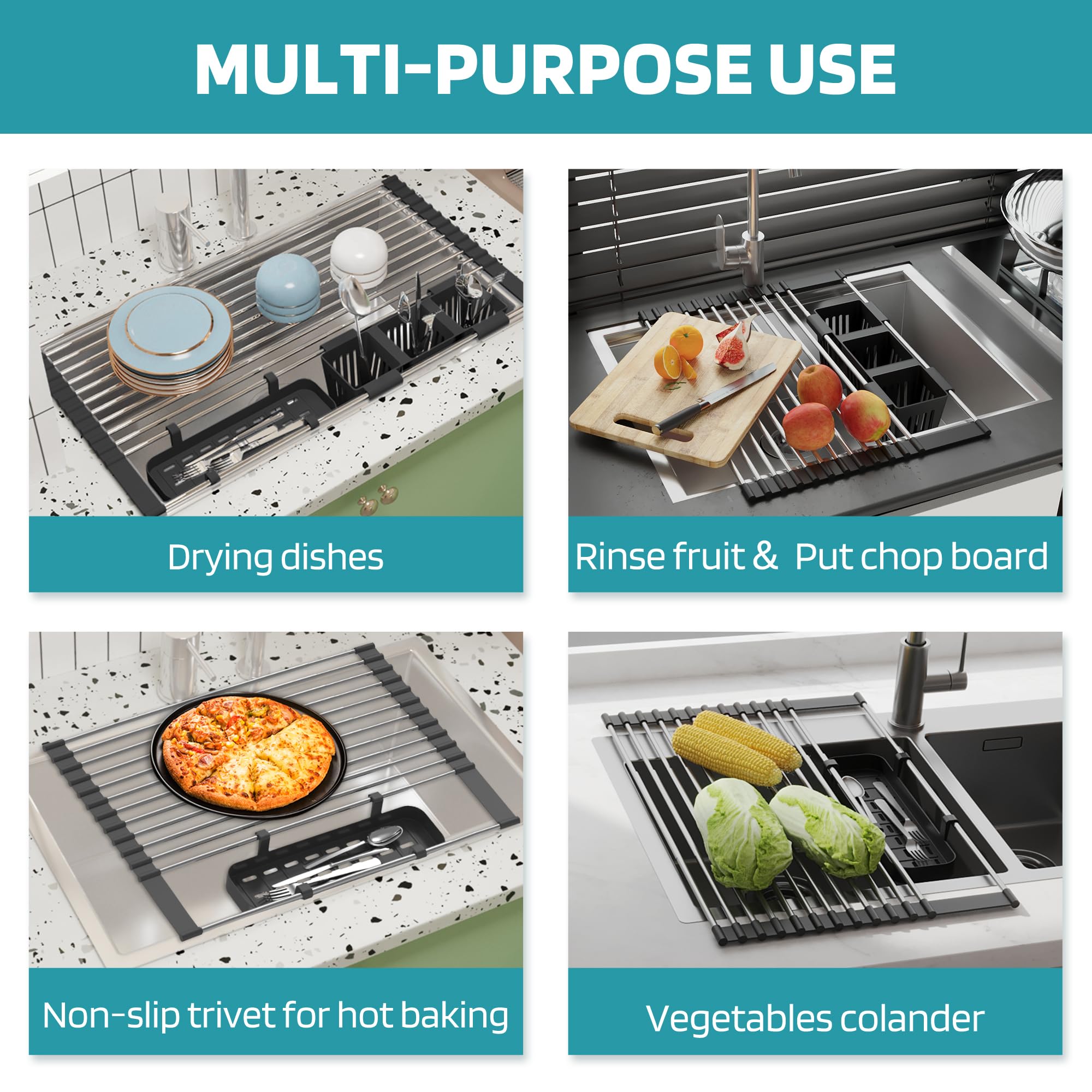 BBXTYLY Black Expandable Roll Up Dish Drying Rack Up to 22.8''with 2 Storage Baskets,Over The Sink Rolling up Dish Drainer, Foldable,Rollable,for Kitchen Dishes,Cups