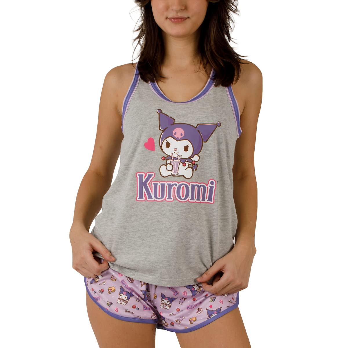 Bioworld Kuromi Milkshake Women's Racer Back Tank Top & Dolphin Lounge Shorts Sleepwear Set-Medium Blue