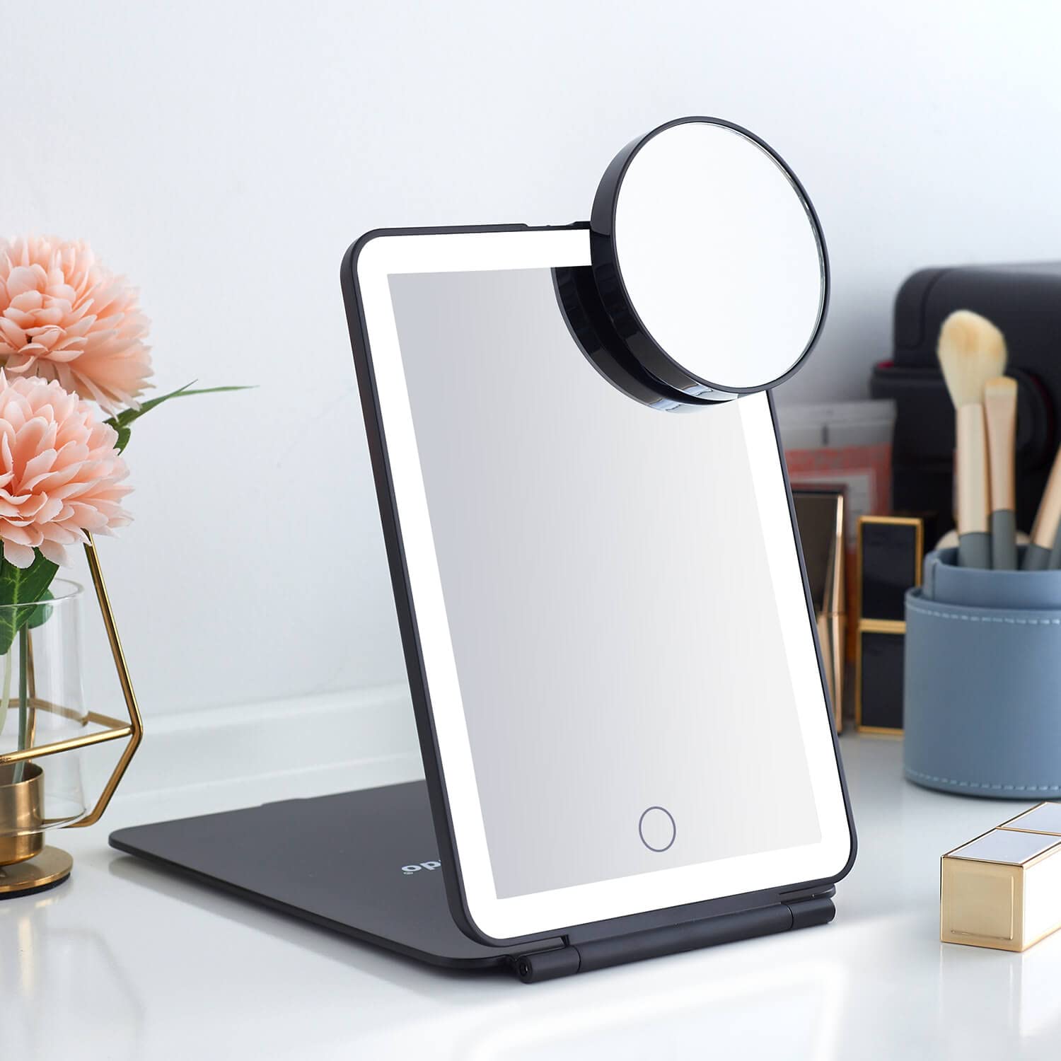 Foldable Double Sided Tabletop Mirror - Rechargeable Lighted Magnifying Mirror 10 X and 1X,3 Colors Light - Adjustable Foldable Handle for Makeup/Travel and Blackhead Removal.