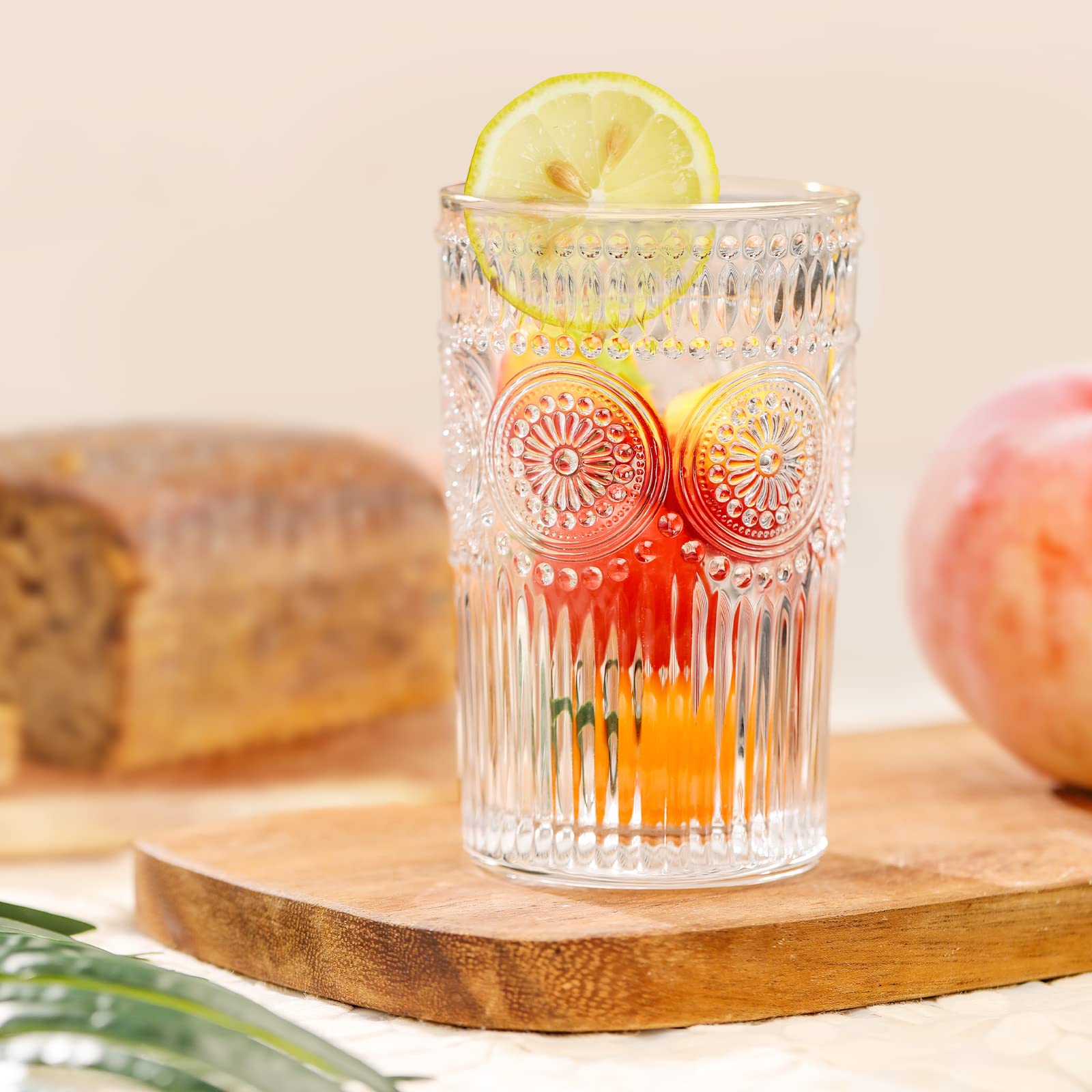BOATDID Vintage Drinking Glasses Tumbler Set of 6,Embossed Water Glasses Cocktail,Juice,Beer,Iced Coffee,Clear Glassware for Kitchen,Thick & Heavy Glass Highball Glasses with Heavy Base 12oz/9oz