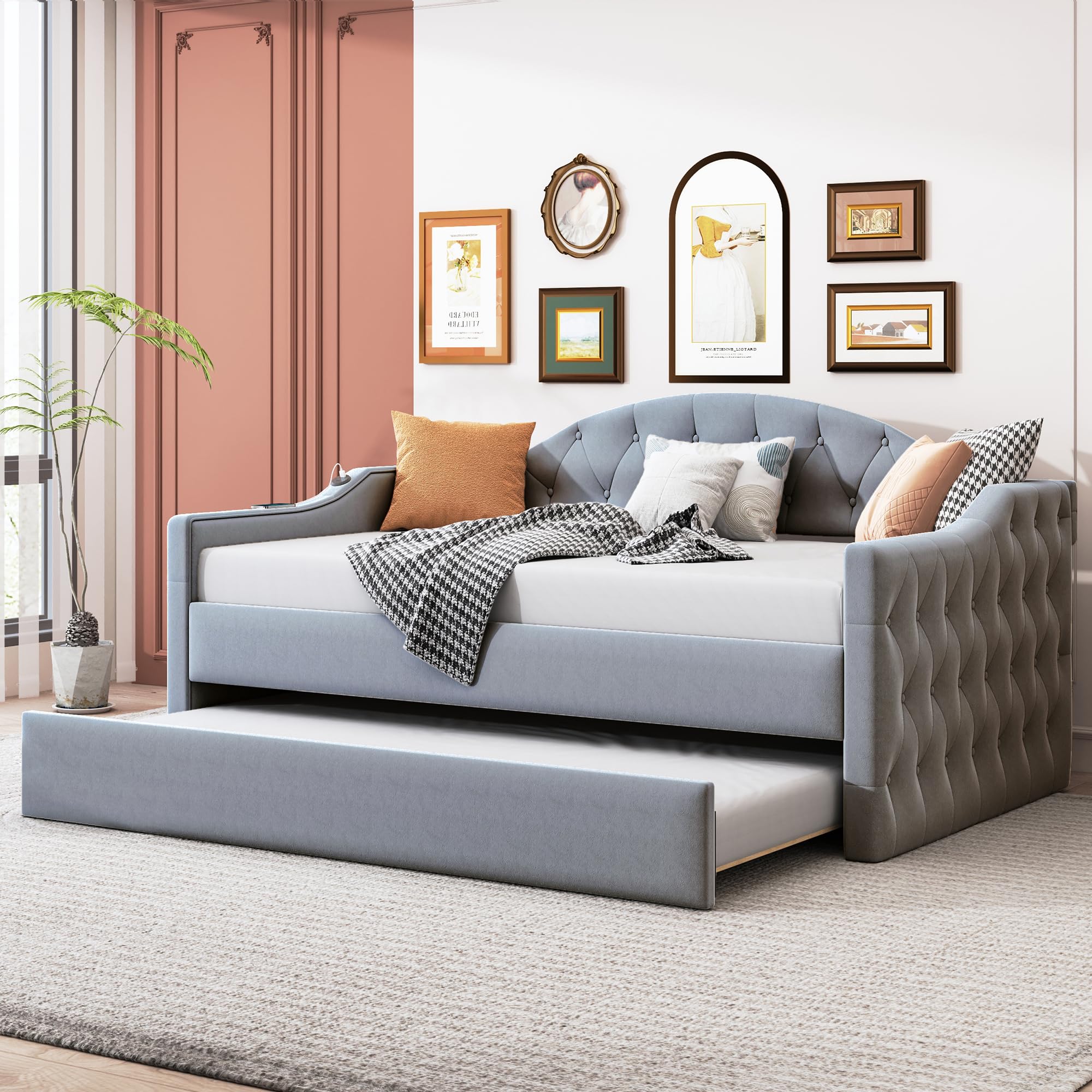 Harper & Bright Designs Twin Daybed with Trundle and USB & Type-C Charging Ports, Modern Upholstered Daybed Frame, Velvet Twin Sofa Bed Frame for Living Room, Bedroom, Gray