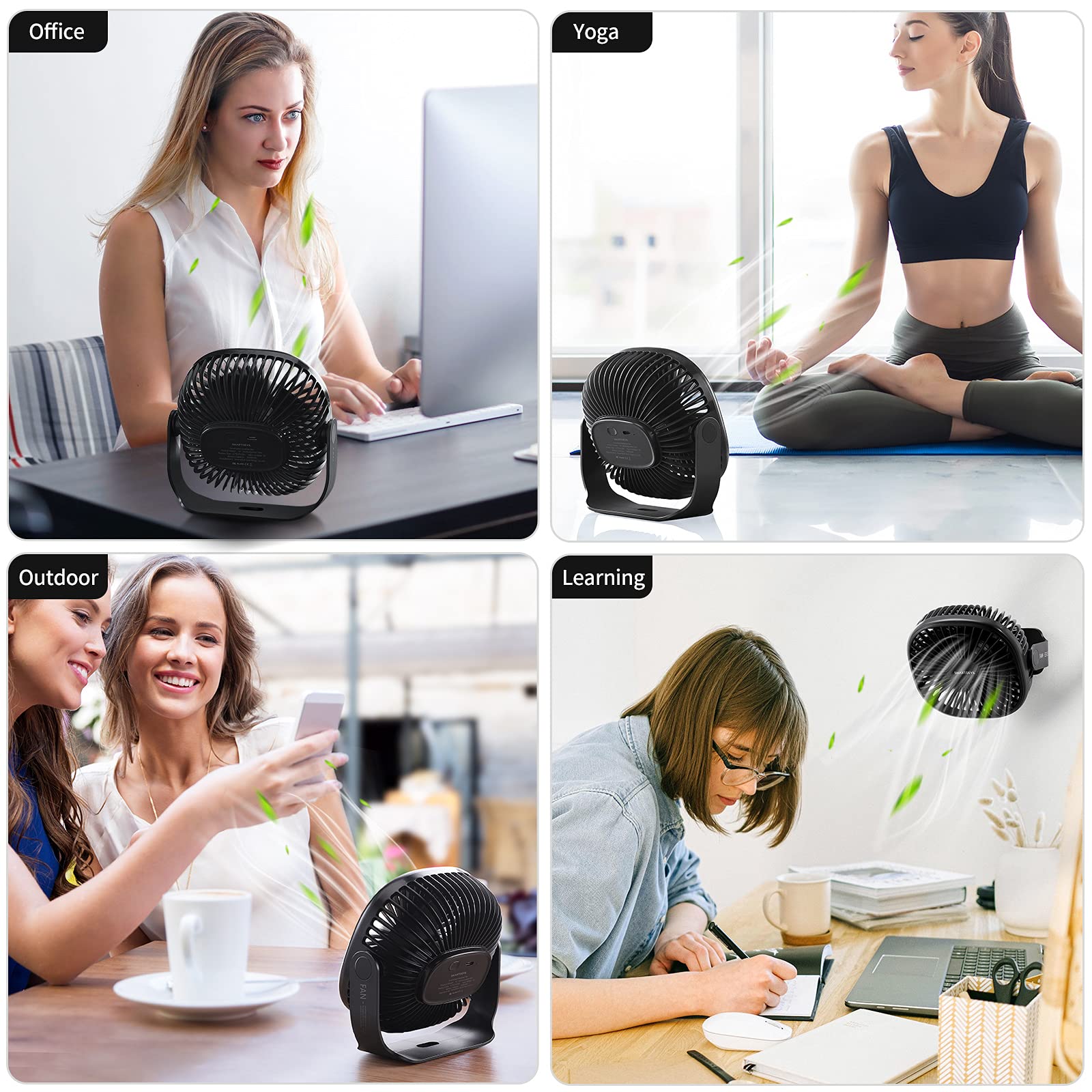 SMARTDEVIL Small Rechargeable Desk Fan, 3 Speeds 2000mAh Portable Personal Battery Operated Desktop Fan with Pasteable Hook, Dual 360° Adjustment Quiet Table Fan, for Home Office Outdoor (Black)